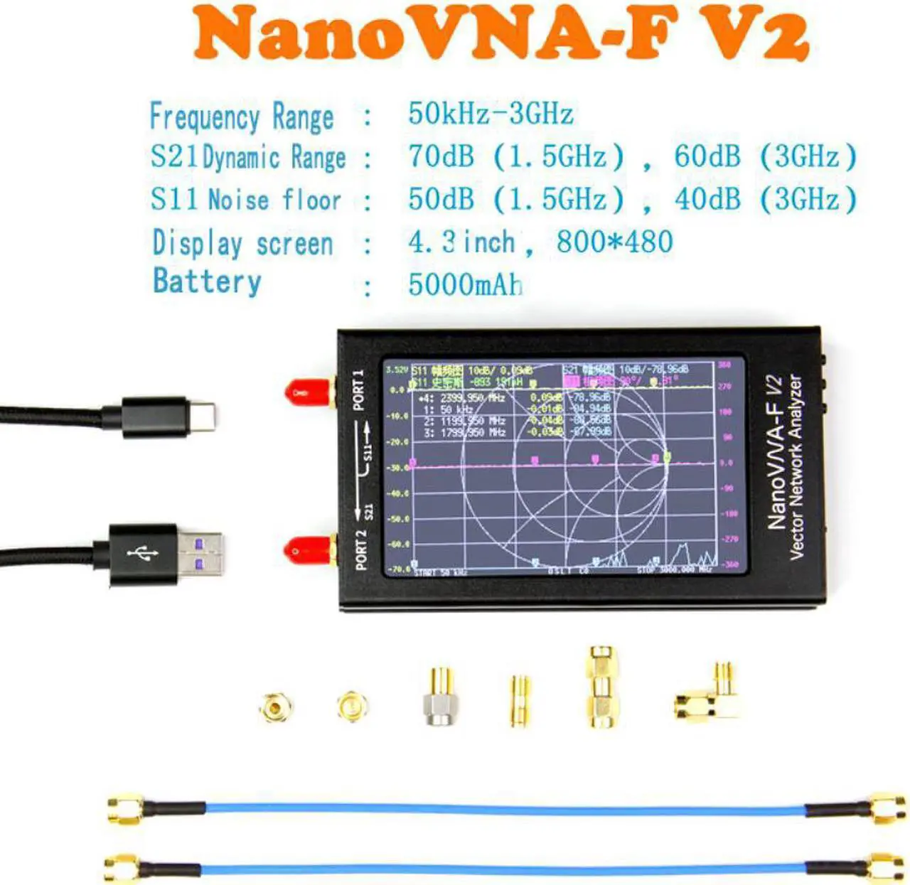 Upgraded version 50k-3GHz NanoVNA-F V2 3G 4.3 inch IPS TFT LCD HF VHF UHF UV Vector Network ...