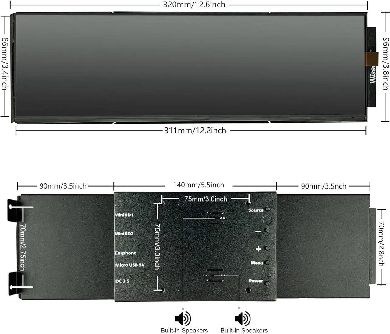 12.6 Inch Bar LCD Screen HDMI Display Monitor 1920x515 IPS DIY Kits Dual Built-in Speakers for ...