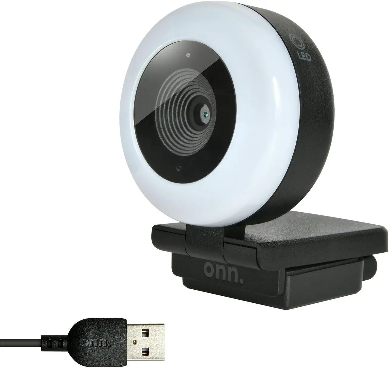 onn. Webcam with Ring Light w/3 LED Levels, Autofocus, Built-in Microphone, White & Black ...