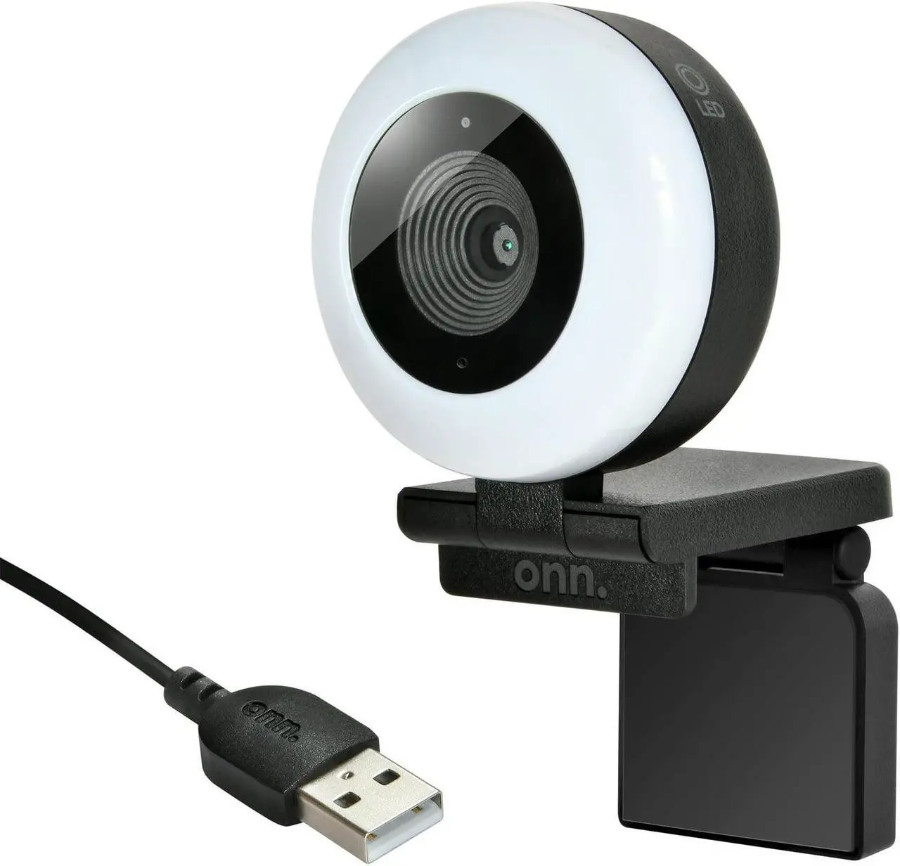 onn. Webcam with Ring Light w/3 LED Levels, Autofocus, Built-in Microphone, White & Black ...