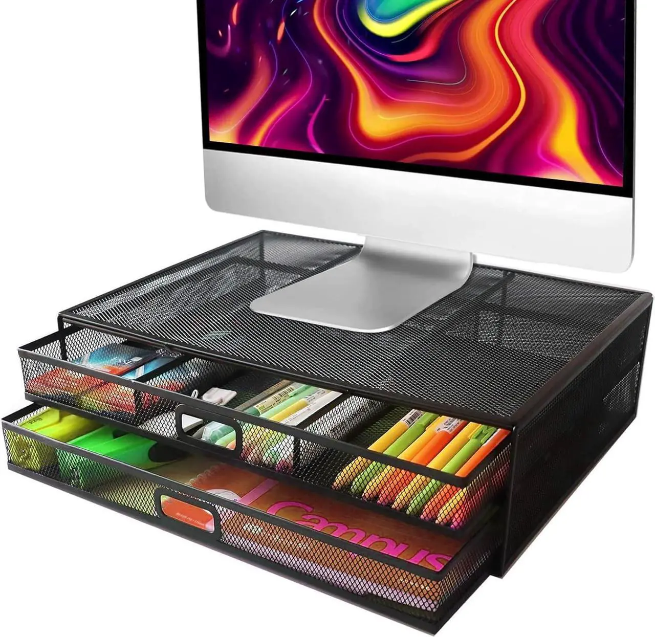 MINDEPOT Computer Monitor Stands with Drawers, Metal Mesh Desktop ...