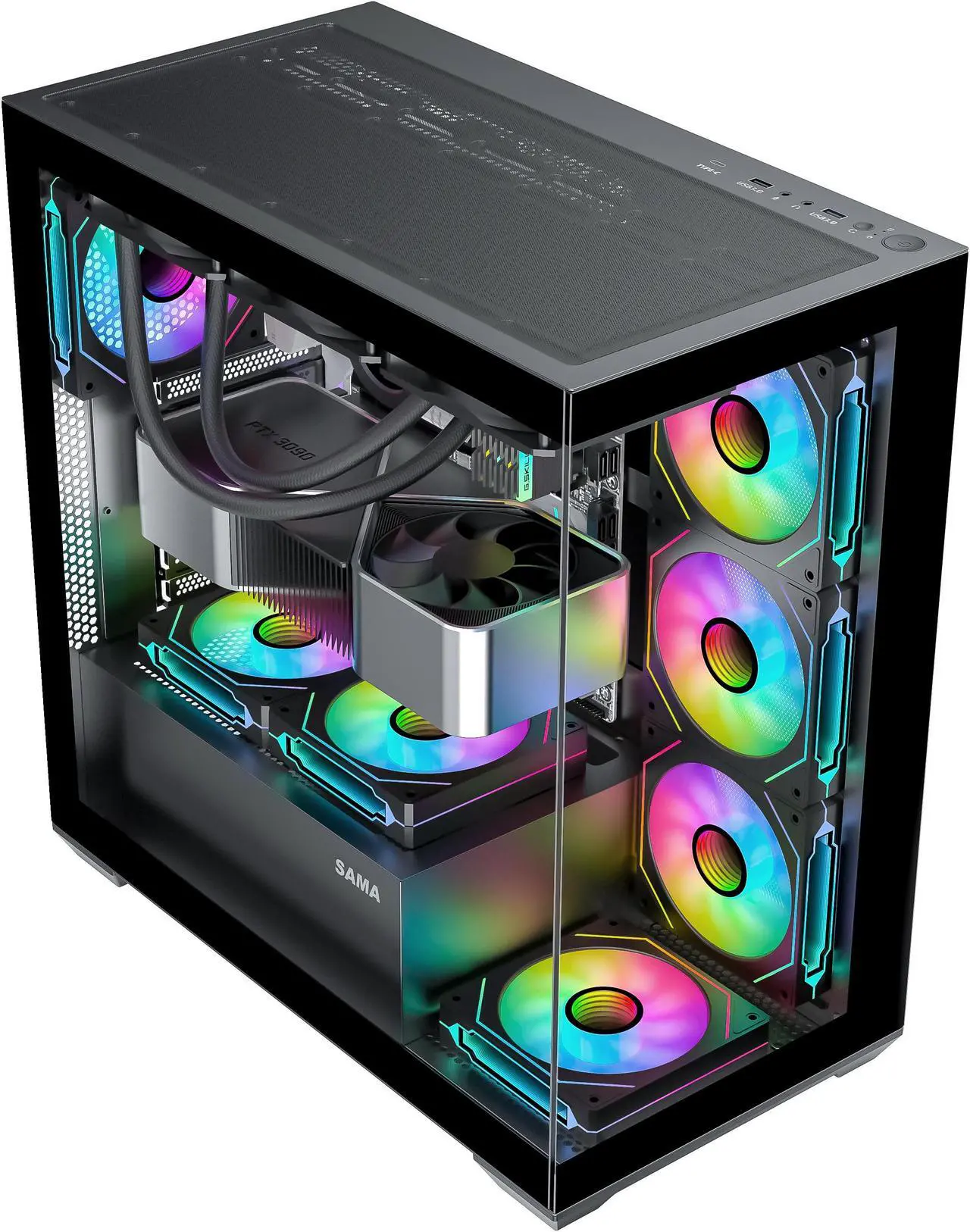 SAMA SV01 Gaming PC Case Computer Mid Tower ATX Case with 4 Addressable RGB Fans Pre-Installed ...