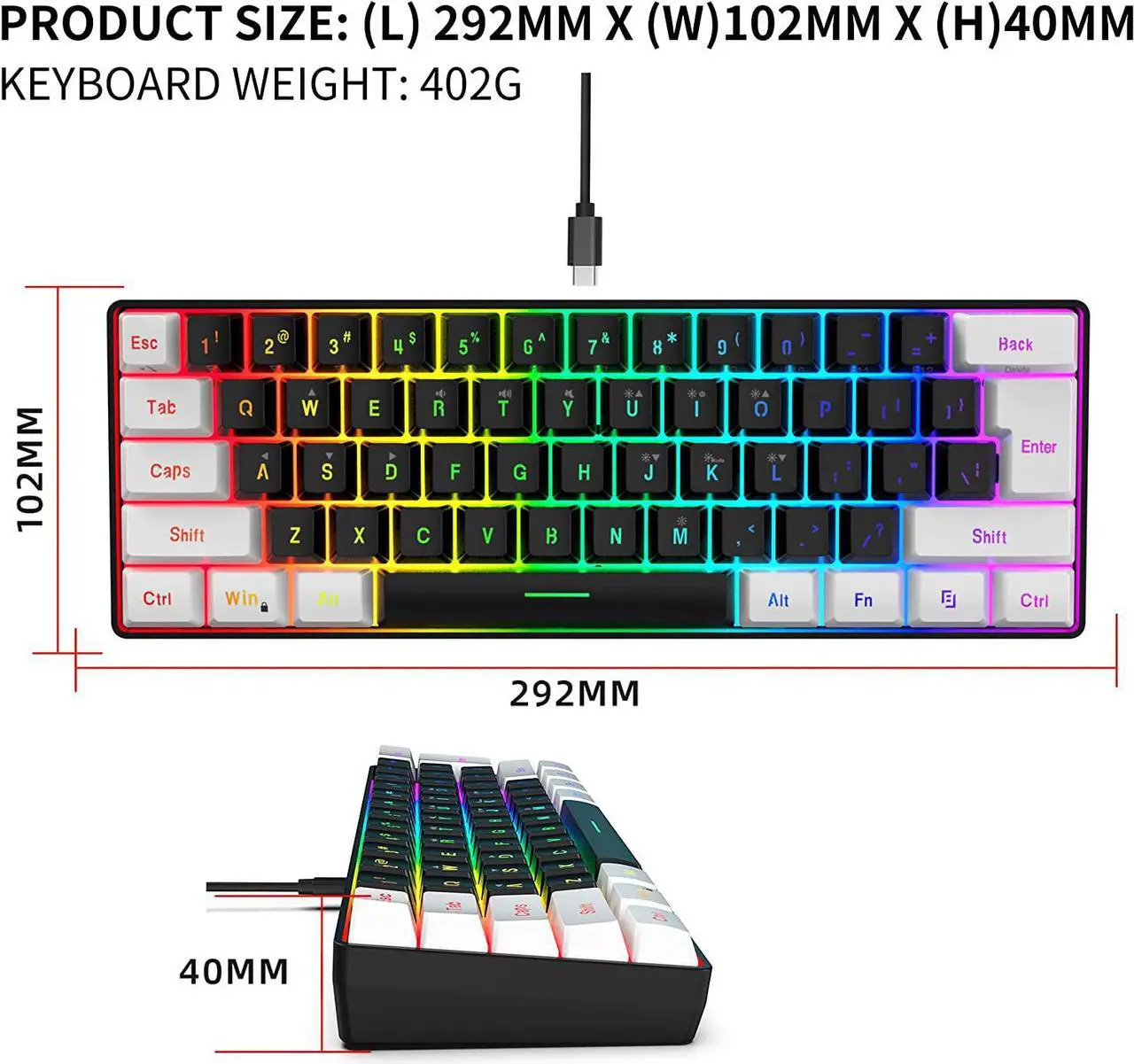 Snpurdiri 60% Wired Gaming Keyboard, Small RGB Backlit Membrane Gaming ...