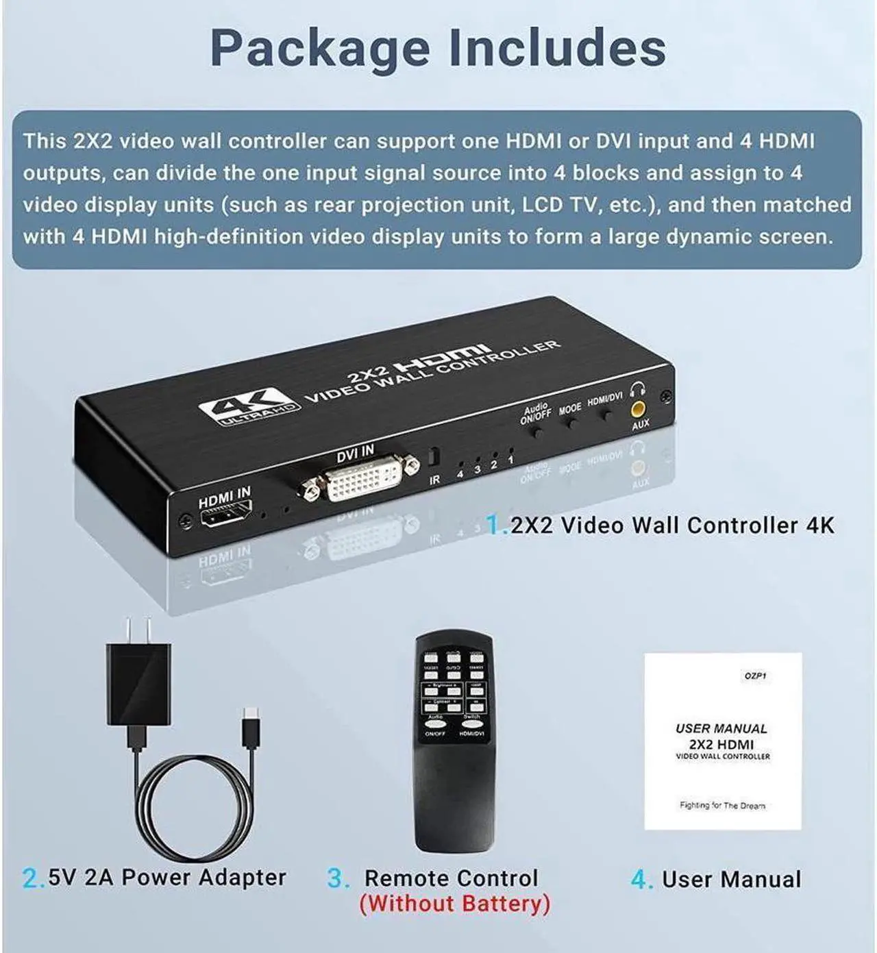 2x2 HDMI Video Wall Controller, 4Kx2K HD Seamless Splicing Professional ...