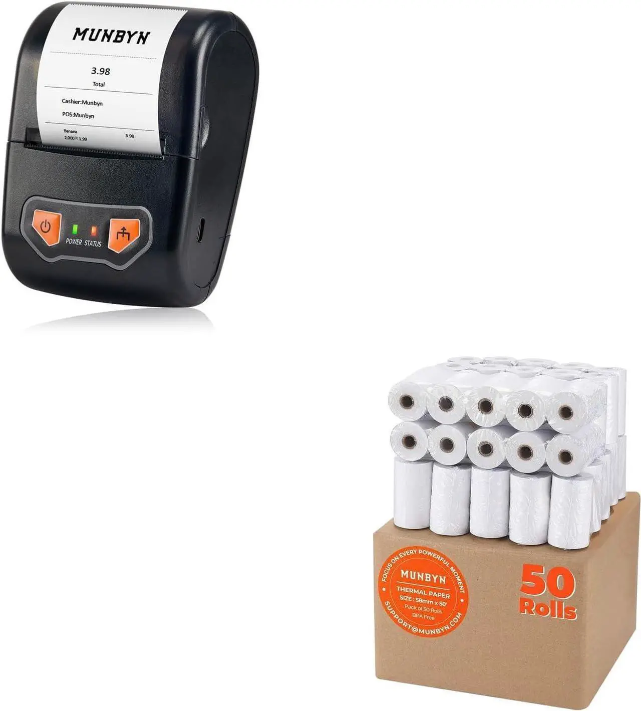 MUNBYN Bluetooth Receipt Printer, and thermal Paper (50 Rolls), BPA ...