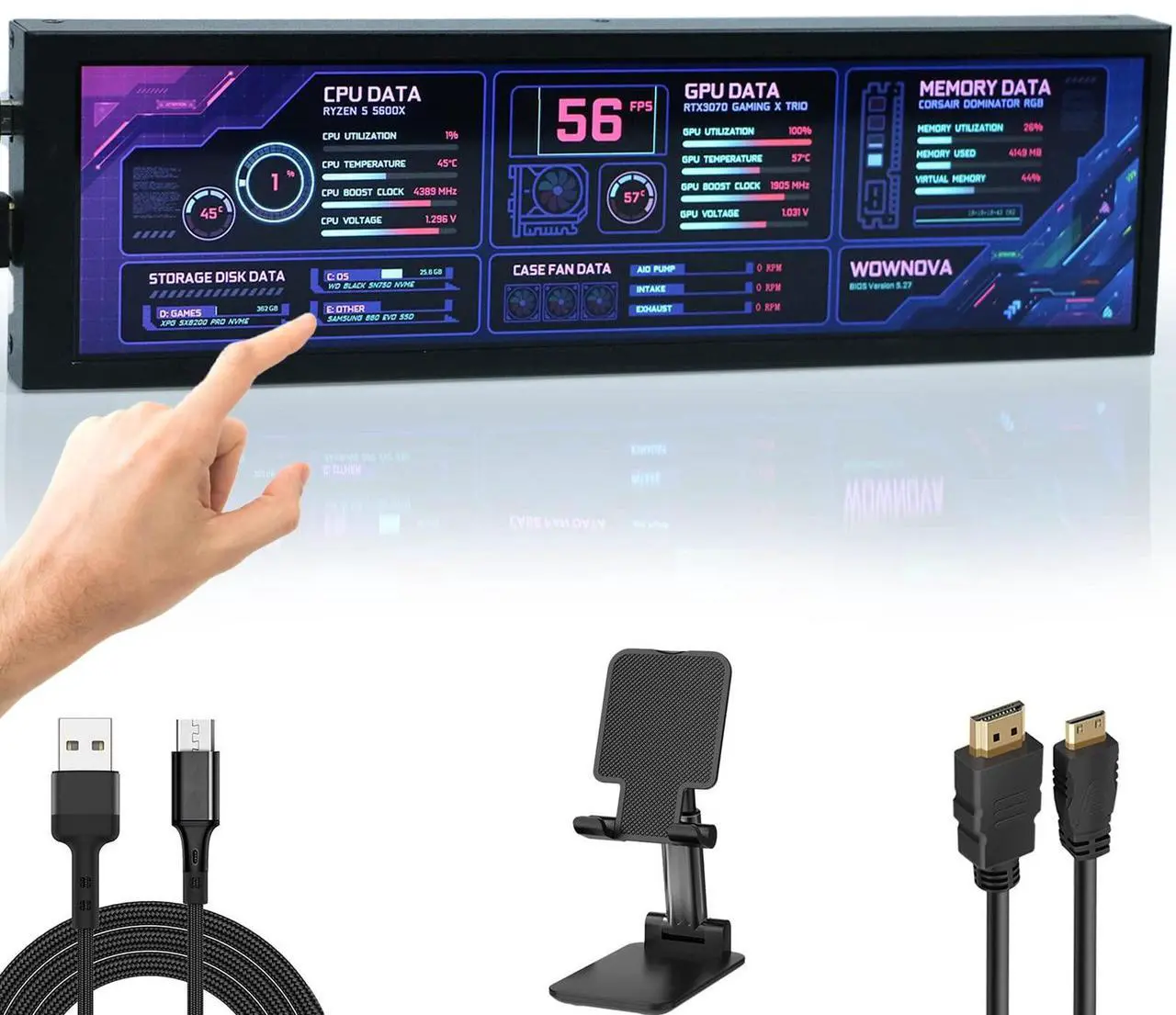 WOWNOVA Computer Hardware Temp Sensor Panel 8.8" Touch Monitor, PC ...