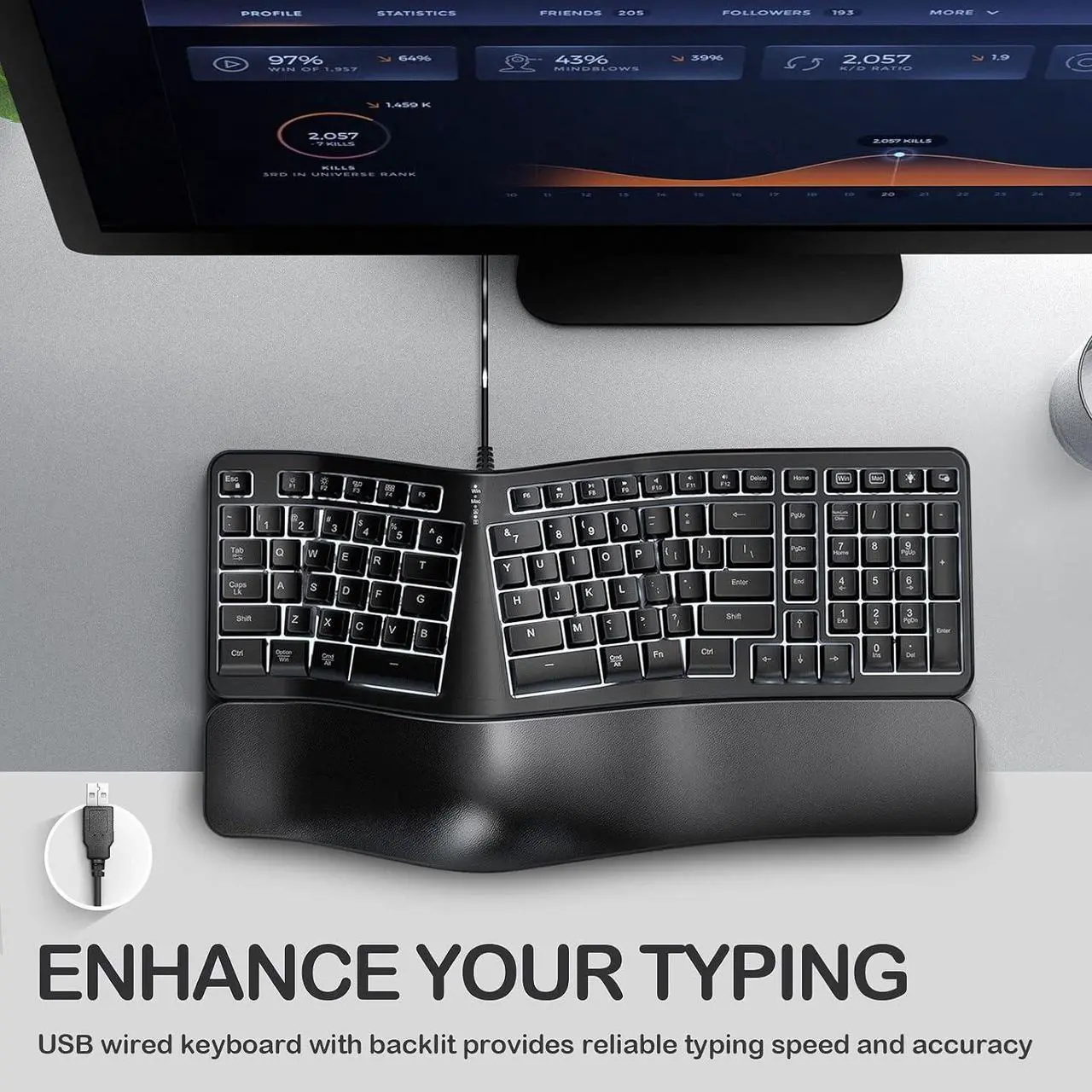 Backlit Wired Ergonomic Keyboard USB Split Keyboard with Wrist Rest and ...