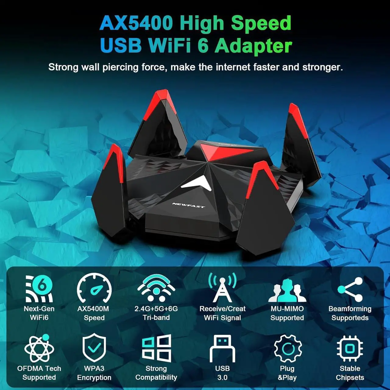 NEWFAST WiFi 6 USB 3.0 Adapter for Gaming PC, The First AX5400 Tri-Band ...