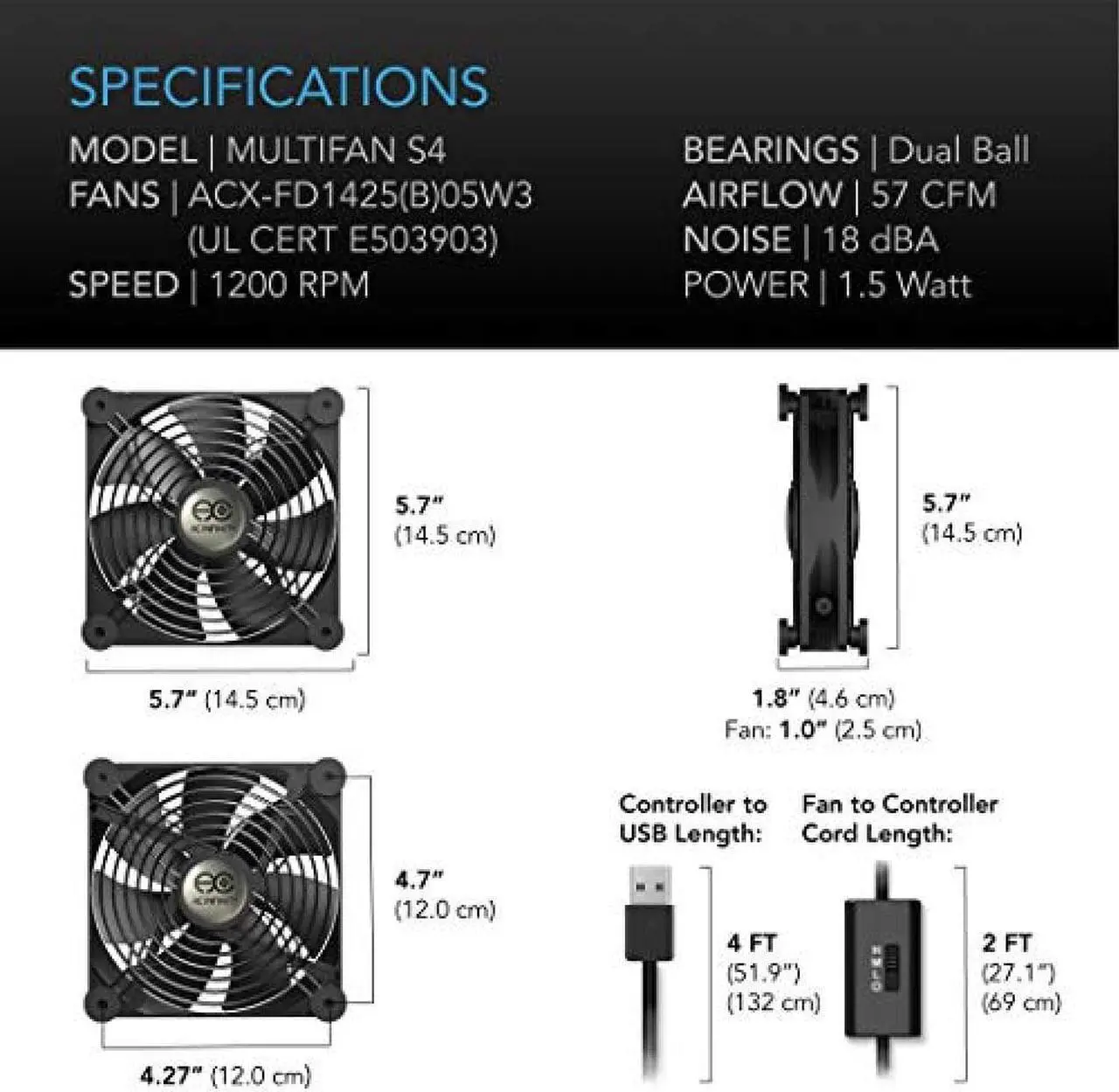 AC Infinity MULTIFAN S4, Quiet 140mm USB Fan for Receiver DVR ...