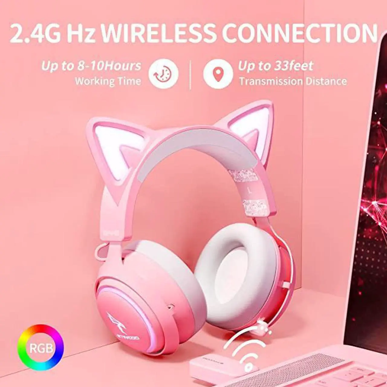 SOMiC Pink Cat Ear Headset Wireless Gaming Headsets for PS5/ PS4/ PC, 2 ...