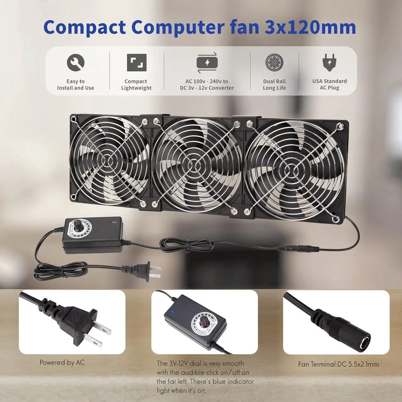 3X 120mm 12V Computer Fan with DC to AC 100V - 240V Speed Controller ...