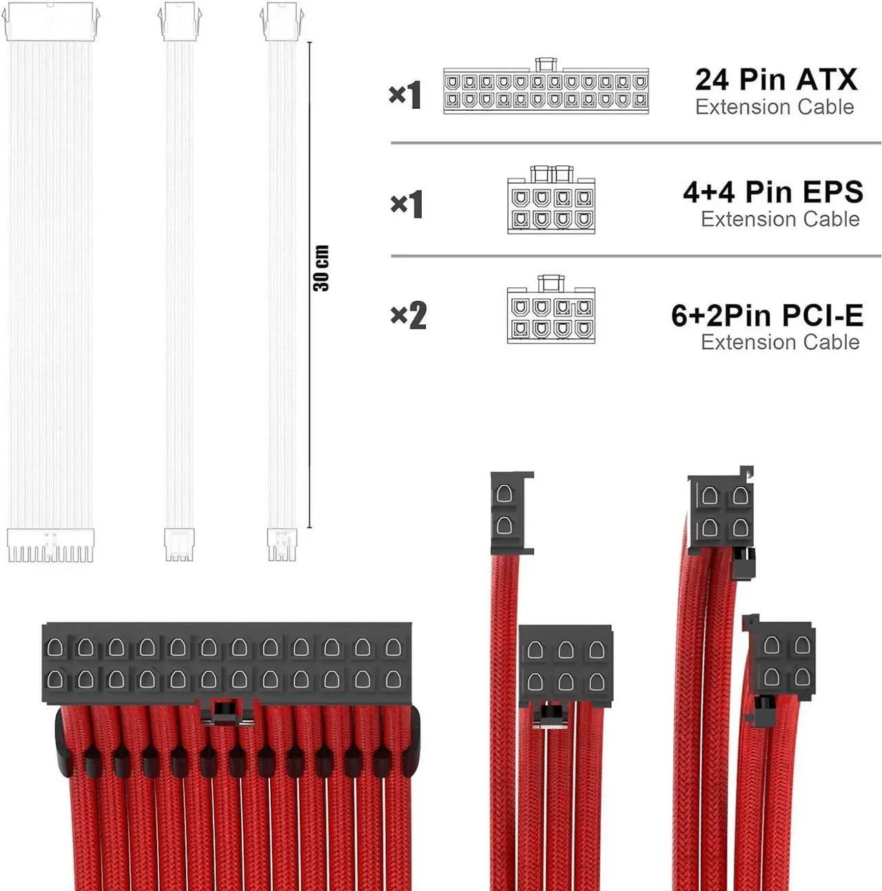 PSU Cable Extension Kit 30CM Length with Cable Combs 1x24Pin/1x8Pin(4+4 ...