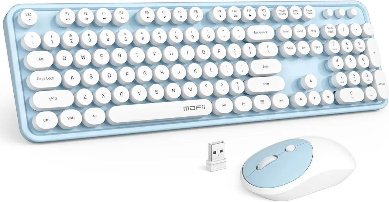 Wireless Keyboard and Mouse Blue White Round Key Typewriter Keyboards ...