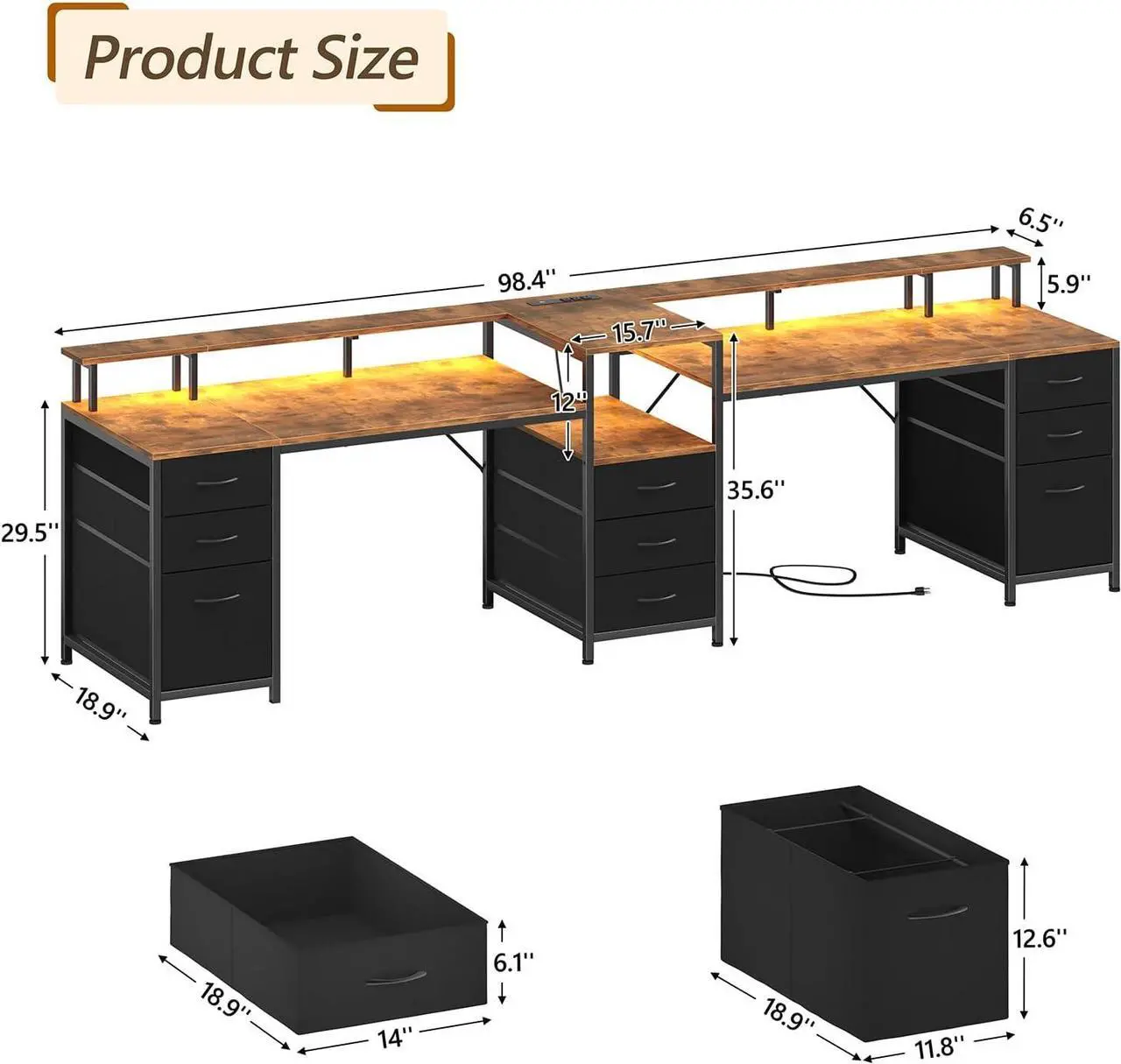 98.4" Long Computer Desk with 9 Drawers, 2 Person Gaming Desk with LED ...
