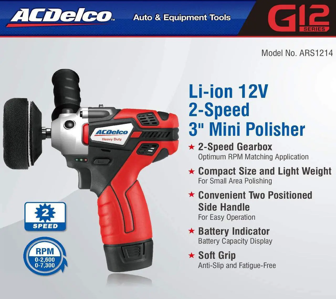 ACDelco Mini Cordless Polisher Tool Set 2 Speed 12V 3 Pad, Set with 2 ...