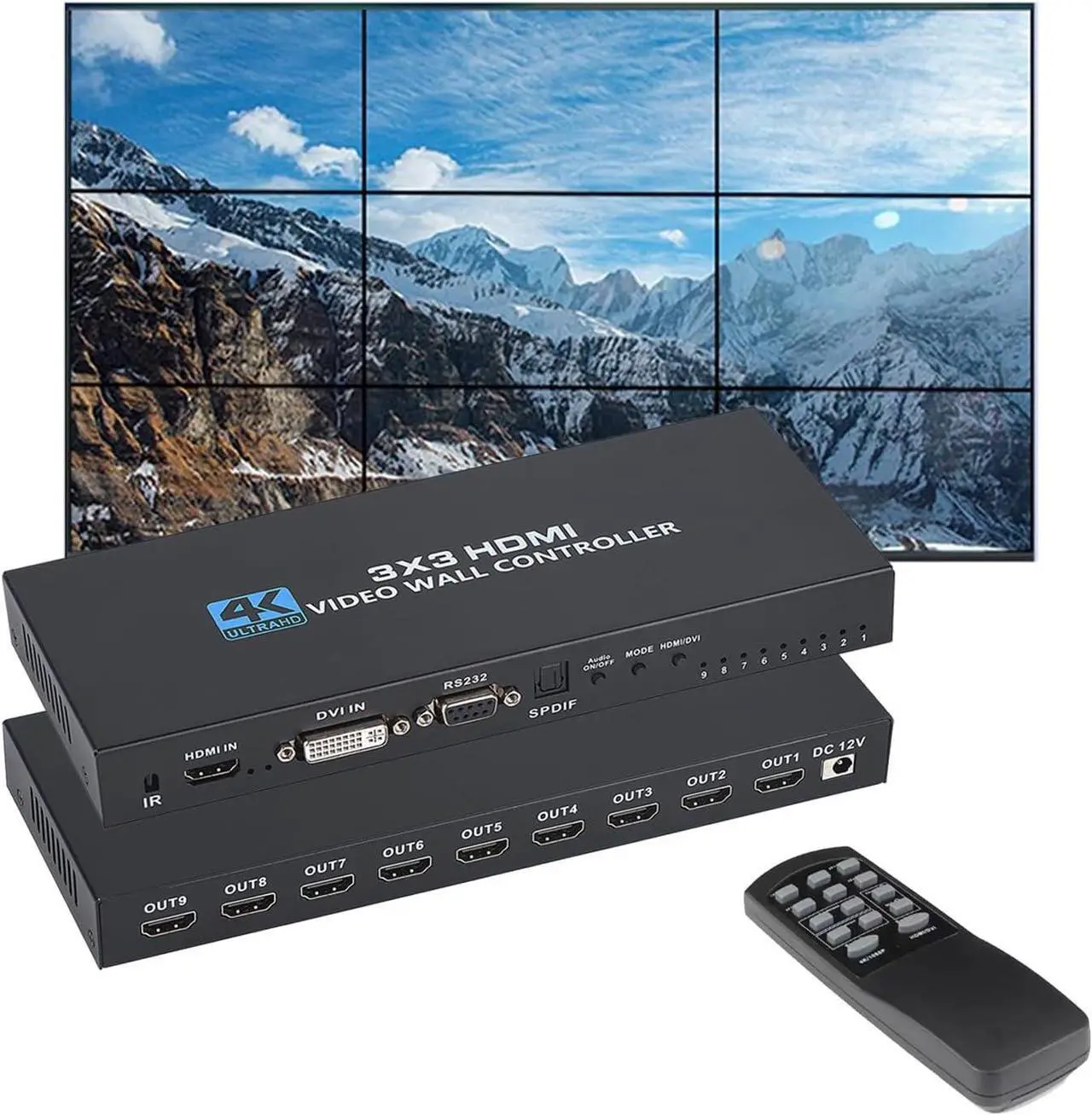 Video Wall Controller 3x3, TV Wall Processor, 4K x 2K HDMI Multi-Screen Splicing Processor ...