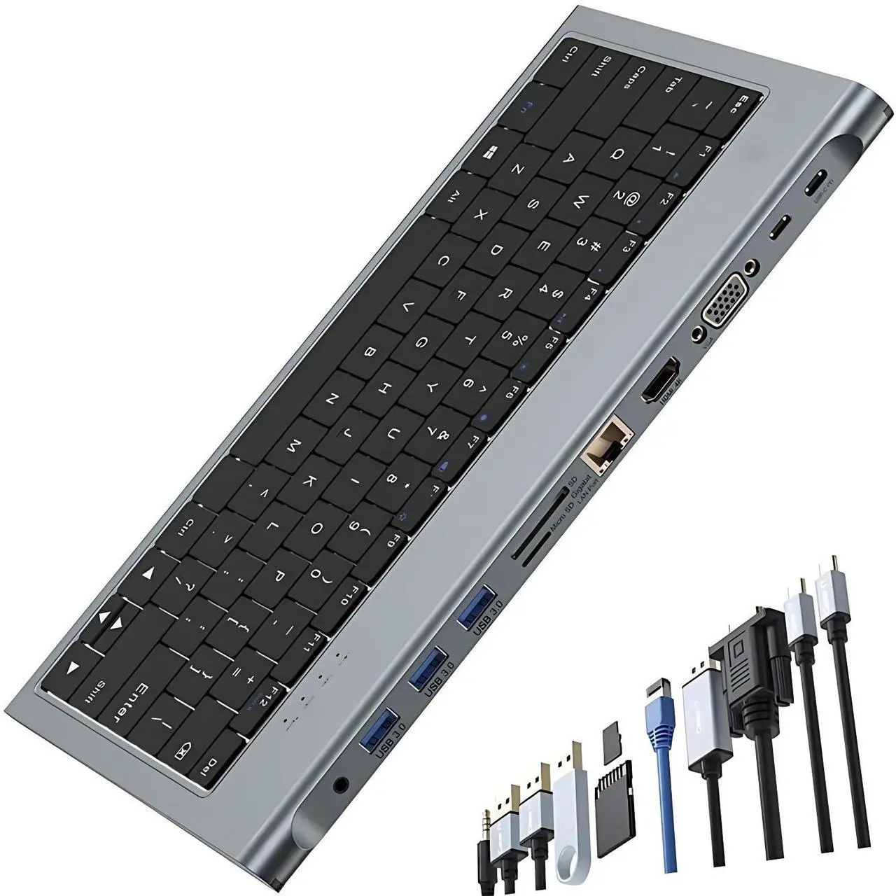USB HUB Wired Computer Keyboard, 11 in 1 USB C Hub Keyboard, 78 Keys ...