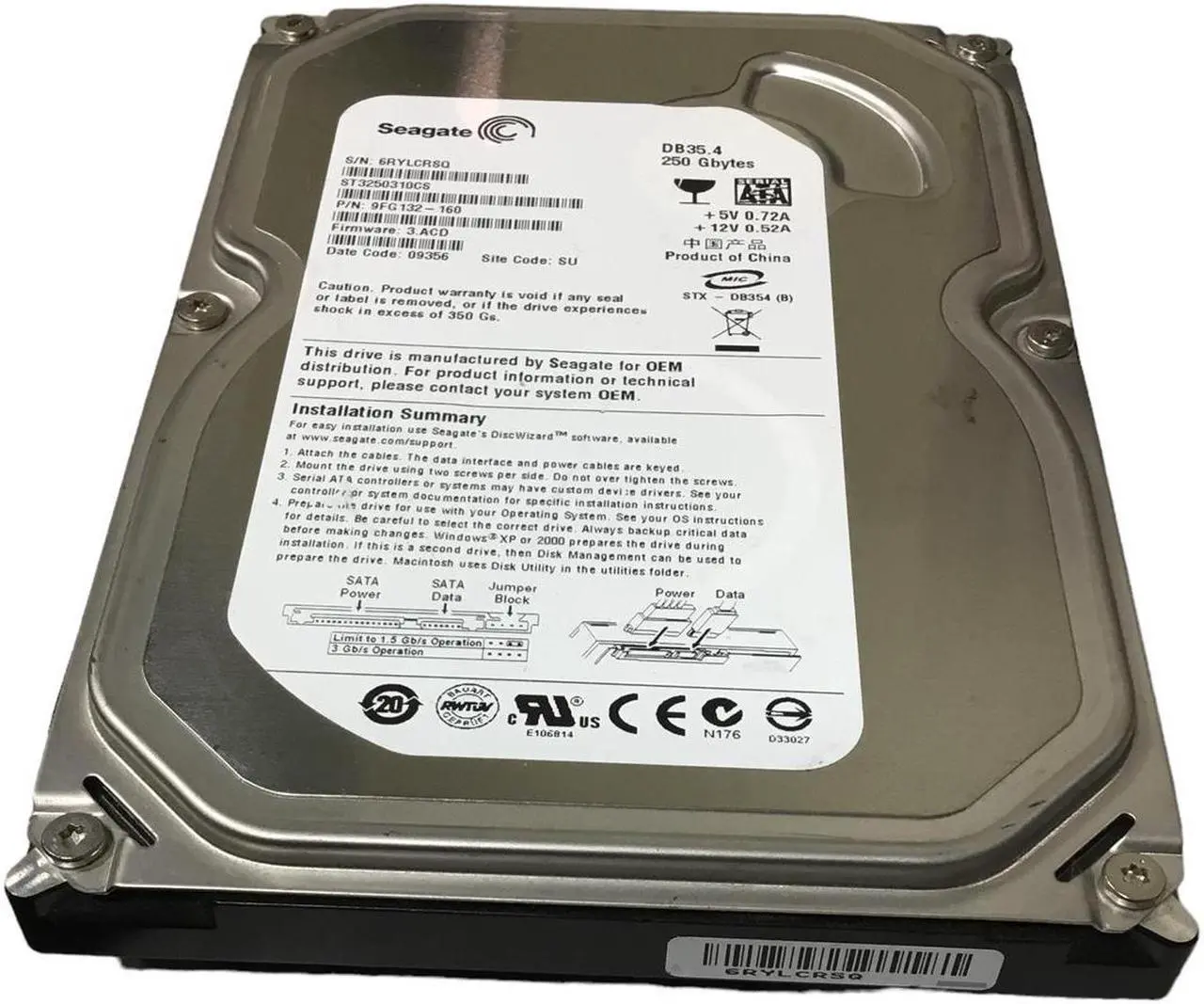 Refurbished: Seagate ST3250310CS 9FG132-160 FW:3.ACD SU 250GB Sata 3.5 ...