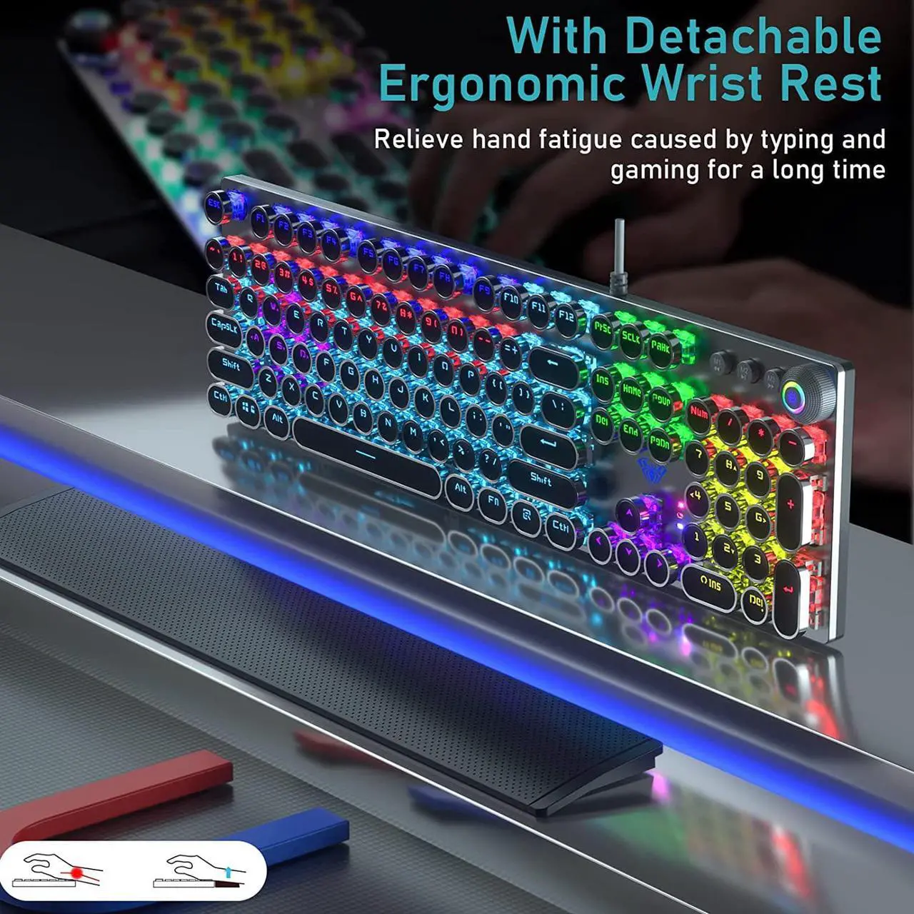 AULA F2088 Typewriter Style Mechanical Gaming Keyboard Blue Switch, with Removable Wrist Rest ...