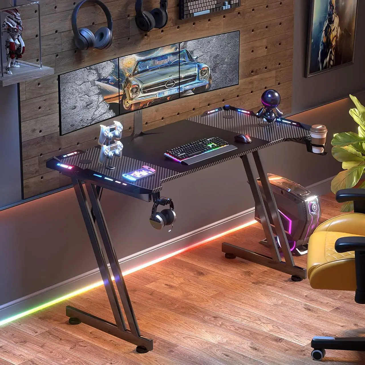 CORN 47 Inch Gaming Desk with LED Lights Carbon Fibre Surface Gaming ...