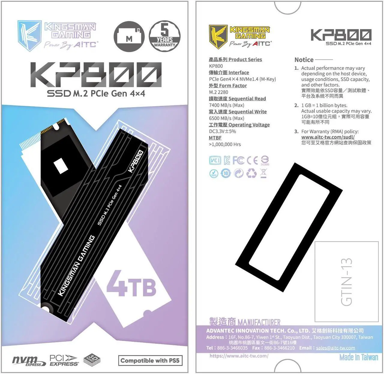 KINGSMAN KP800 M.2 2280 PCIe Gen4x 4 NVMe 1.4 4TB 3D Internal Solid ...