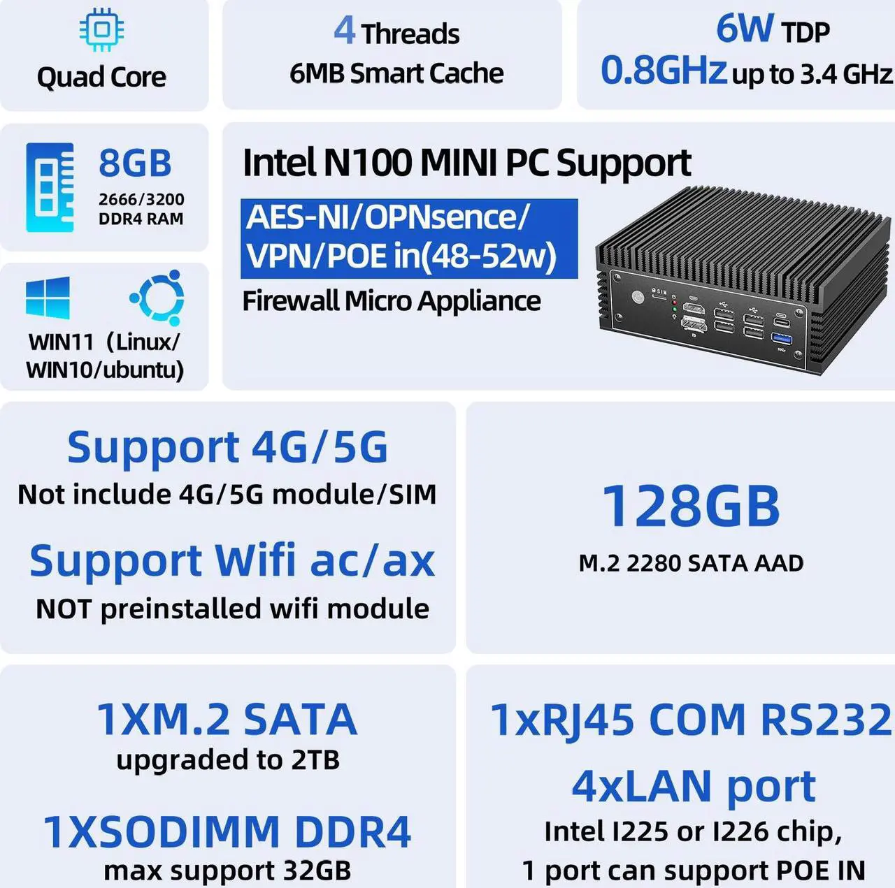 N100 mini PC home Firewall Appliance, fanless mini pc,pfsense router,4 ...