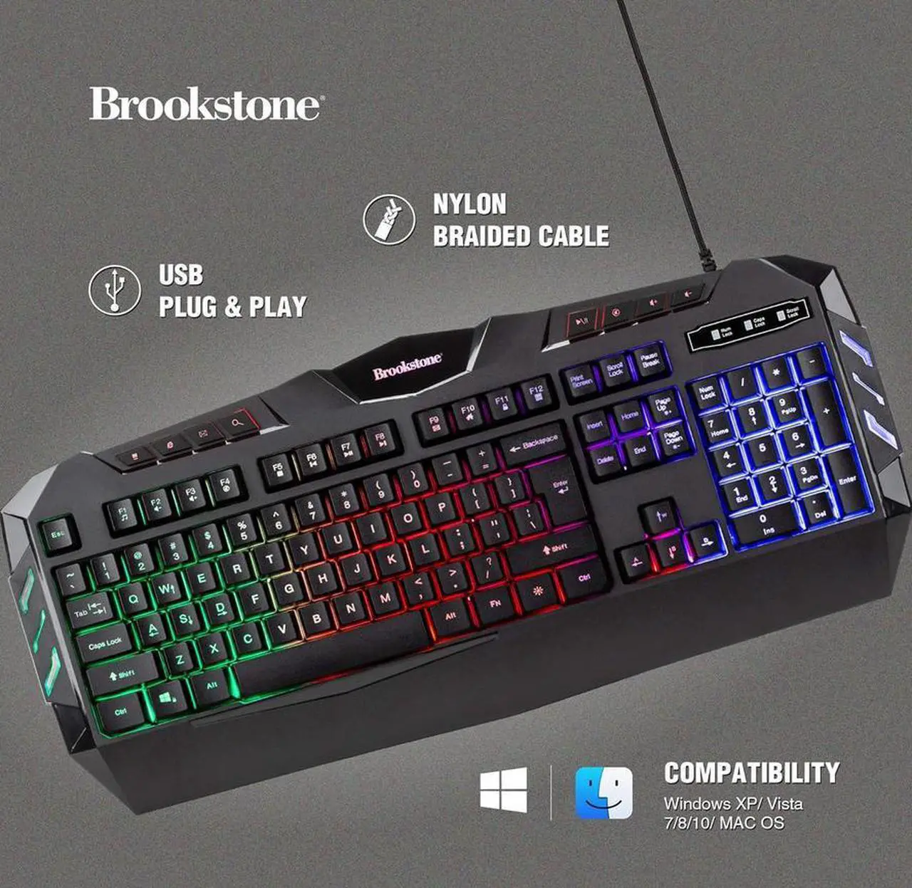 Brookstone USB Wired Gaming Keyboard with Multi-Color LED Backlit Keys ...