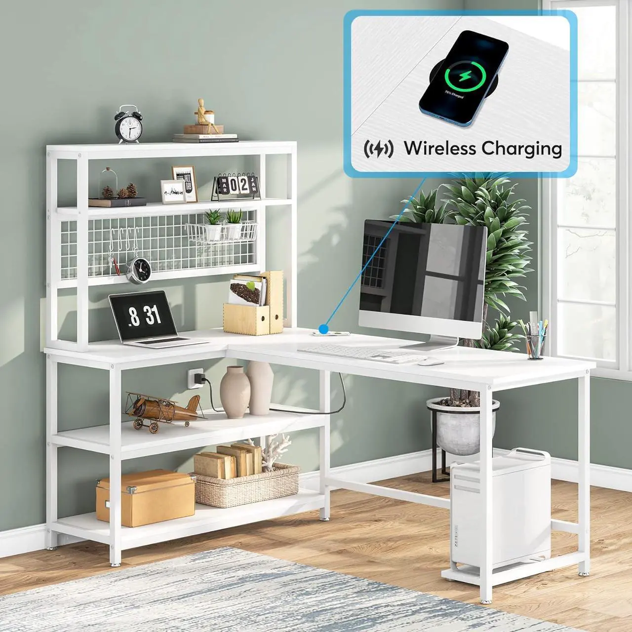 Tribesigns 55" Large Computer Desk with Wireless Charging 5 Storage ...