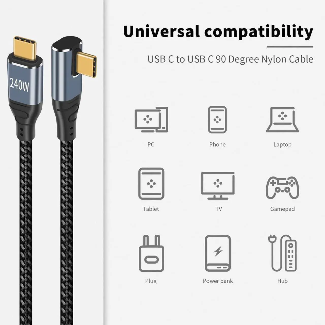 USB C Cable Right Angle Short, 10 ft 240W USB C to USB C Cable, 90 ...