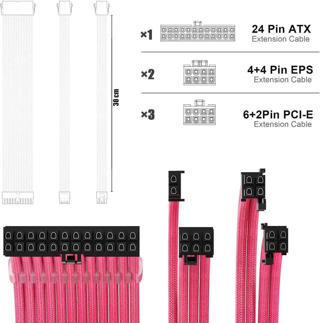PSU Cable Extension Kit 30CM Length with Combs,1x24Pin/2x8Pin(4+4) EPS ...