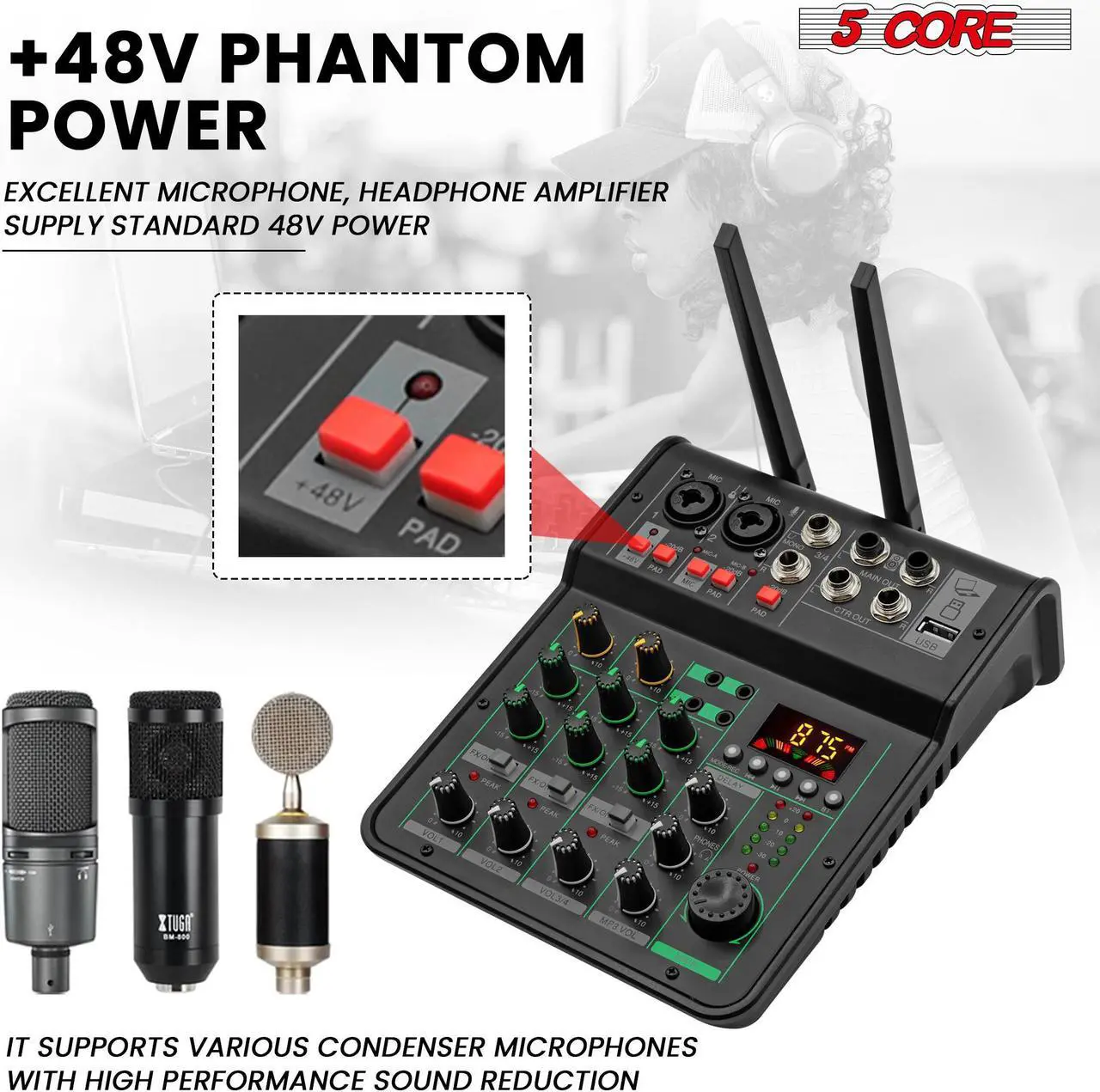 5 Core Audio Mixer 4 Channel DJ Equipment Digital Sound Board Karaoke ...