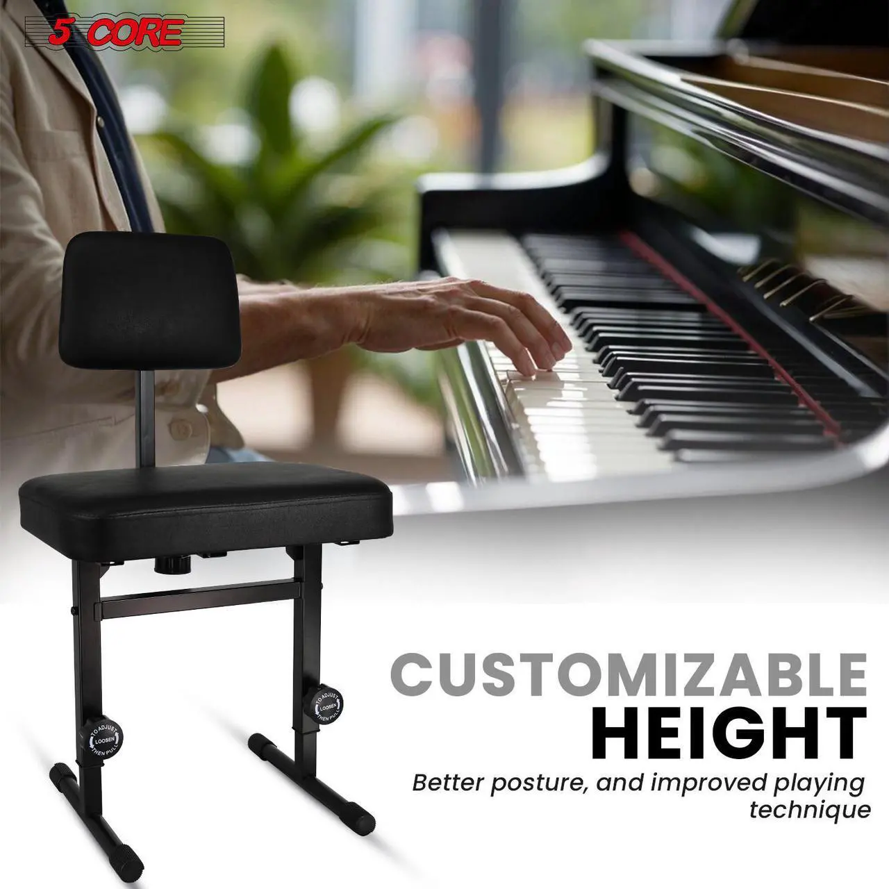 5 Core Piano Bench Height Adjustable Keyboard Stool Heavy Duty Thick ...