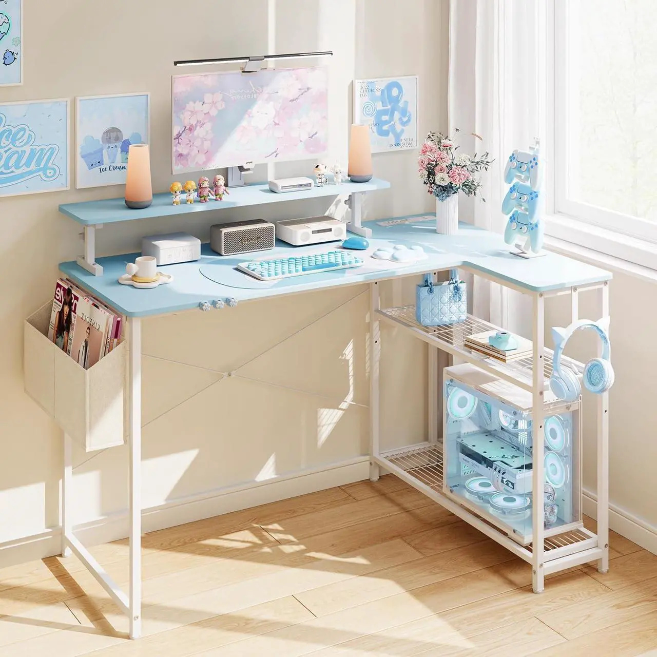 Dowinx L-Shaped Gaming Desk Cute with Cat Accessories, Built-in Power ...