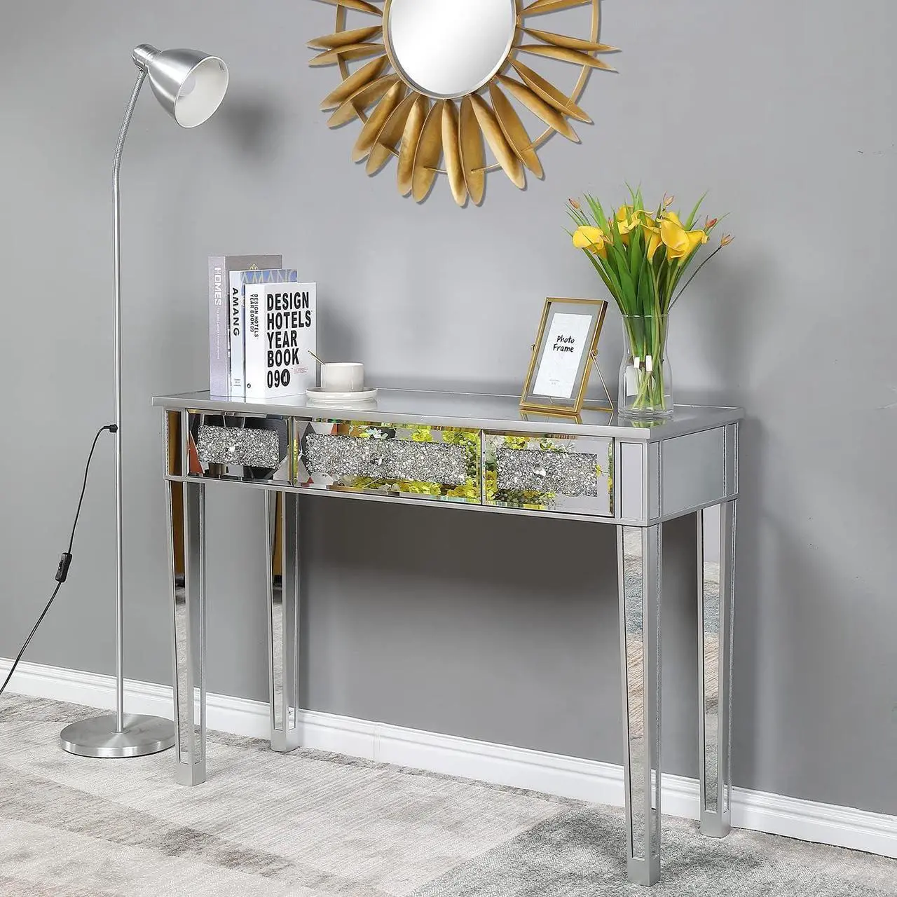 Karl home Mirrored Desk with 3 Drawers Silver Console Table Mirror Sofa ...