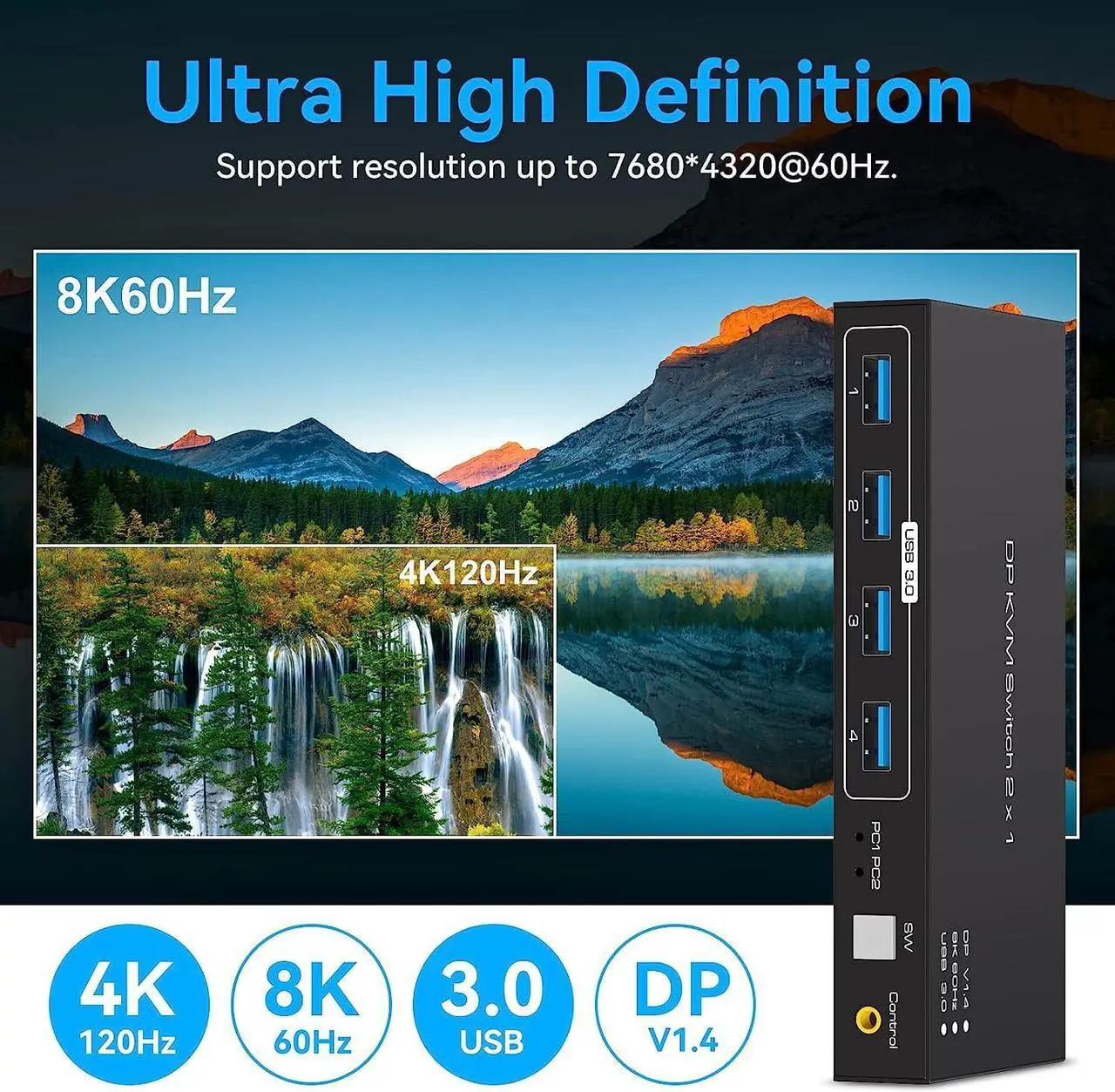 2 Port Displayport KVM Switch Support 8K60Hz 4K120Hz, USB 3.0 DP1.4 KVM ...