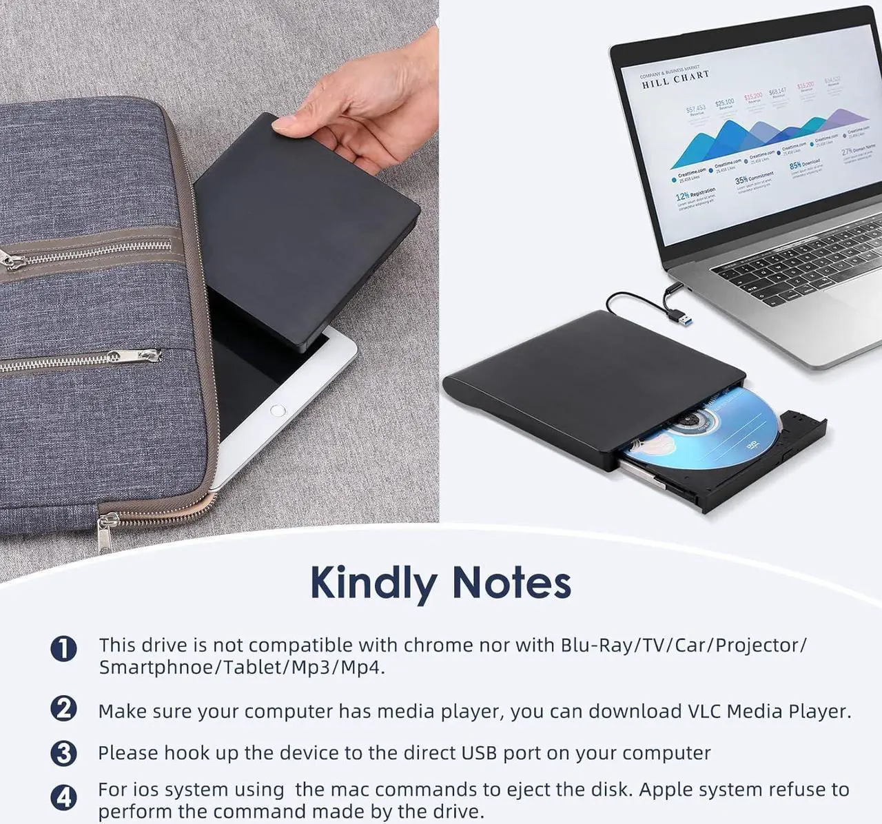 AUBEAMTO External CD/DVD Drive for Laptop in black , USB 3.0 & Type-C ...