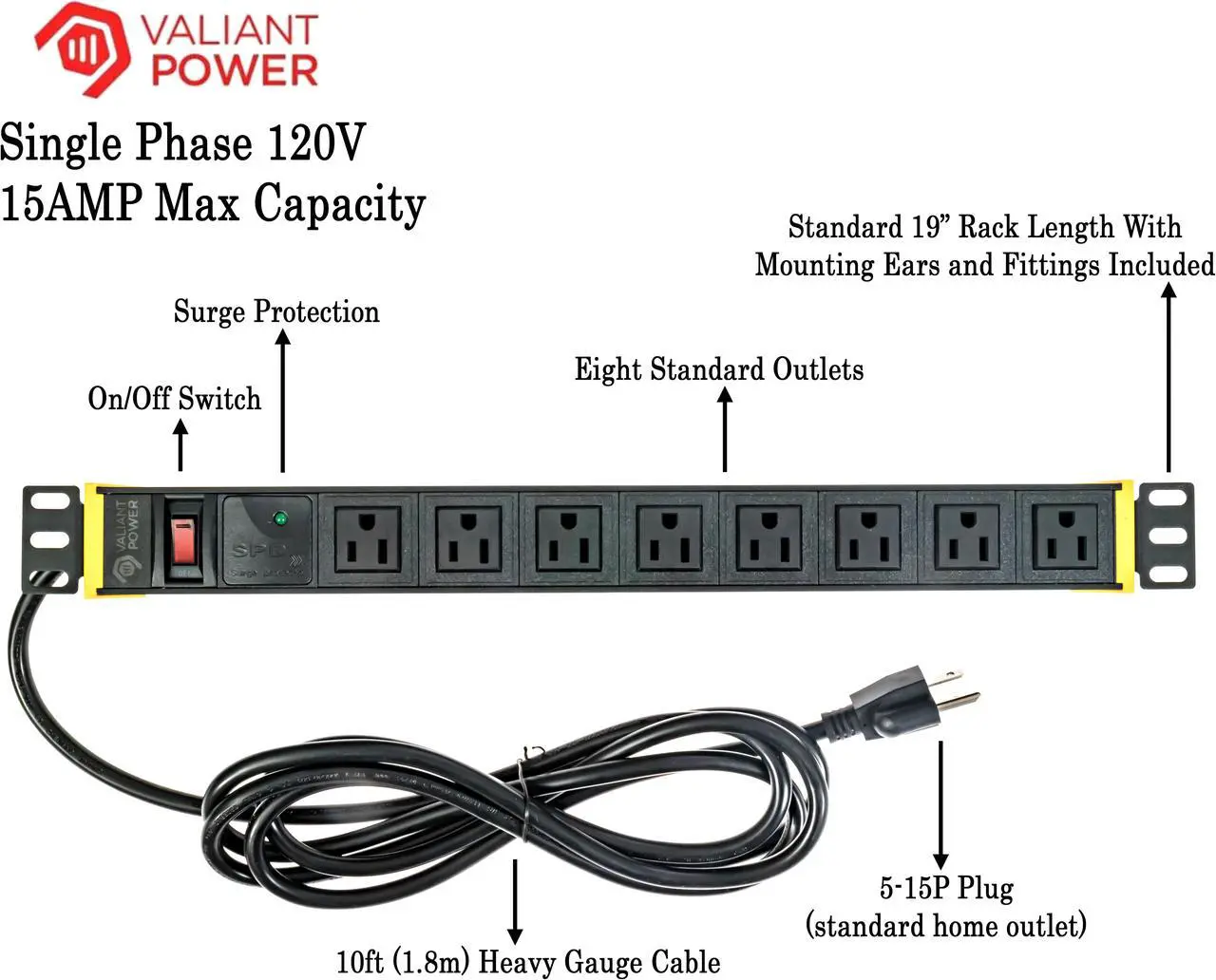 Valiant Power Rack Mount Power Strip - 120V 15A Single Phase PDU With ...