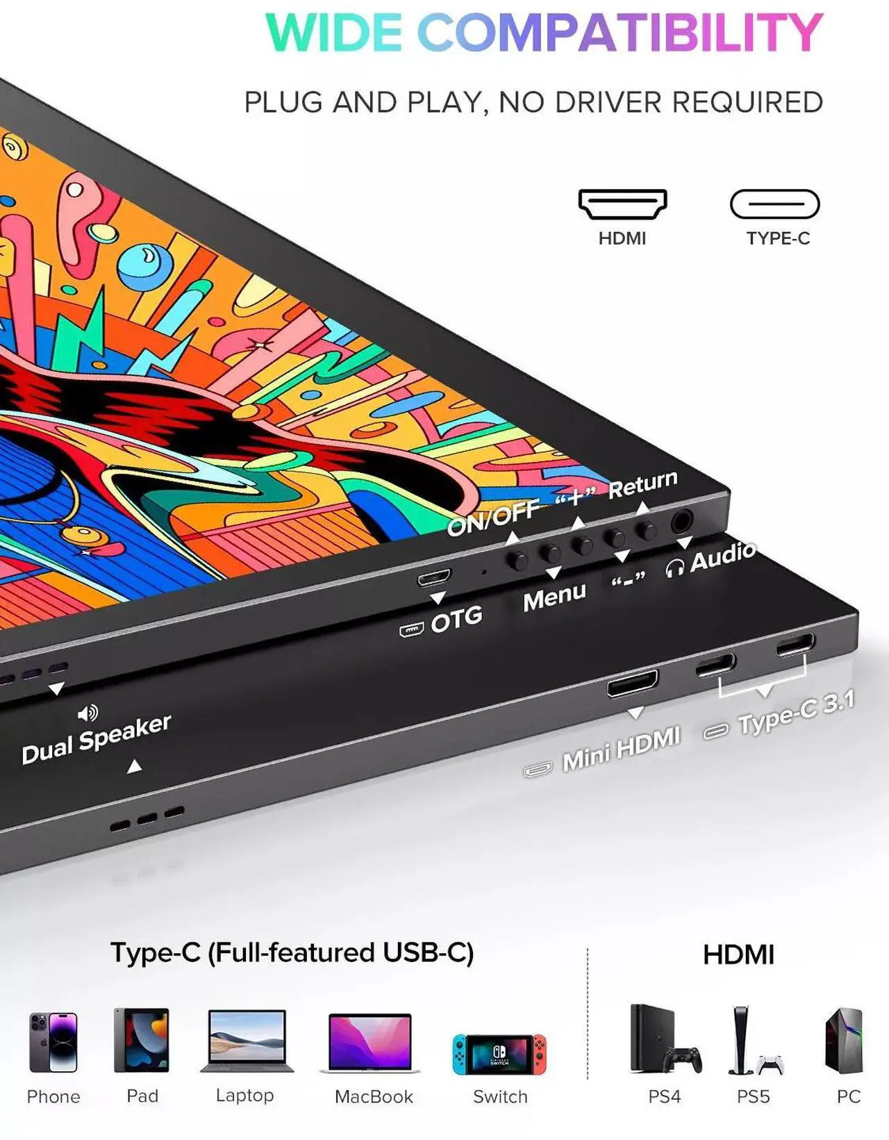 UPERFECT 18.4" 4K 3840x2160 HDR Portable Monitor USB C Monitor Gaming ...