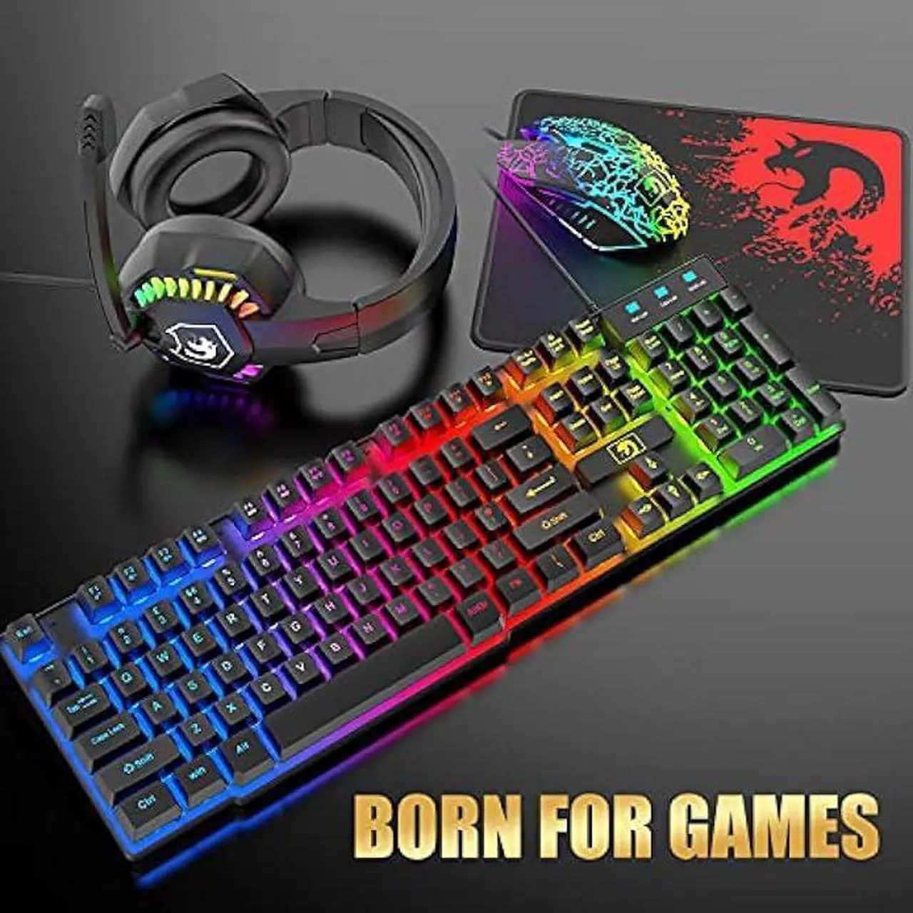 Wired Gaming Keyboard and Mouse Headset Combo,Rainbow LED Backlit Wired ...
