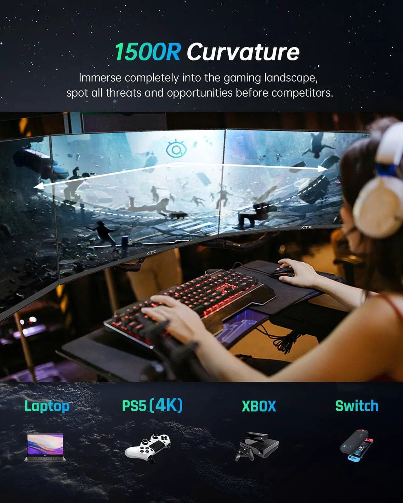 KTC 27 inch Gaming Monitor, 1440P Curved Monitor, 165Hz, 144Hz, 2K, 1500R, 1ms, FreeSync Premium ...