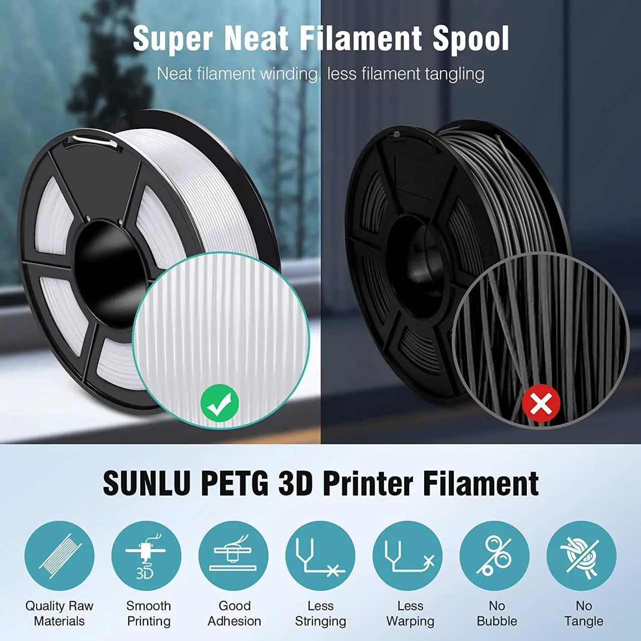 PETG 3D Printer Filament, SUNLU Super Neat Filament Spool, Strong PETG ...