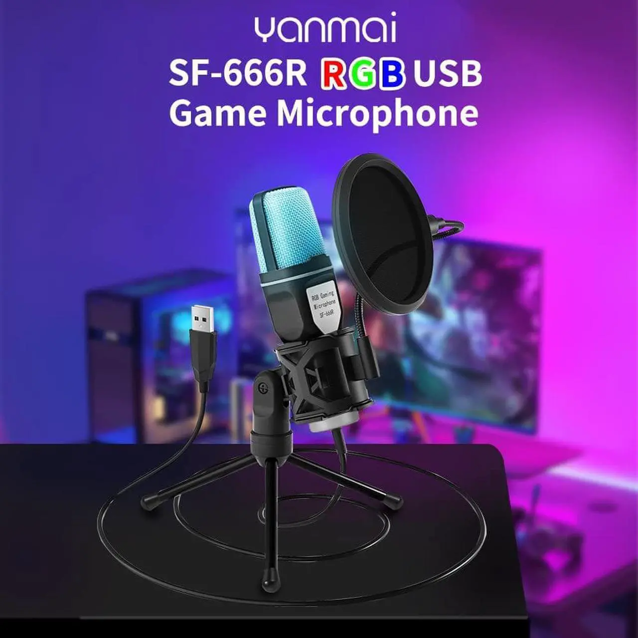 RGB USB Condenser Microphone Cardioid Gaming Mic SF-666R with Anti-Vibration Shock Mount Pop ...