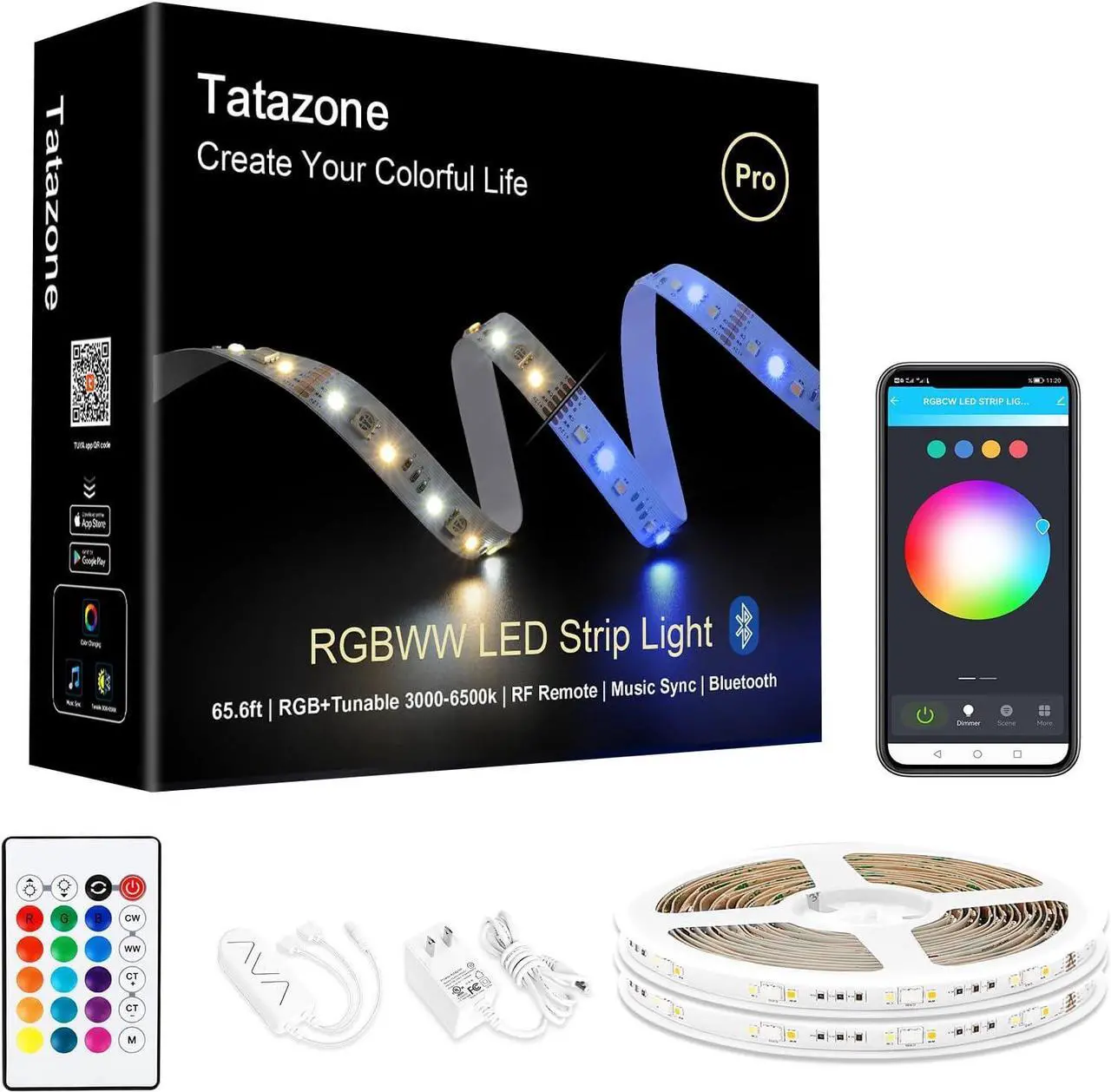 RGBWW Bluetooth LED Strip Lights, 65.6ft Tunable White 3000K to 6500K ...