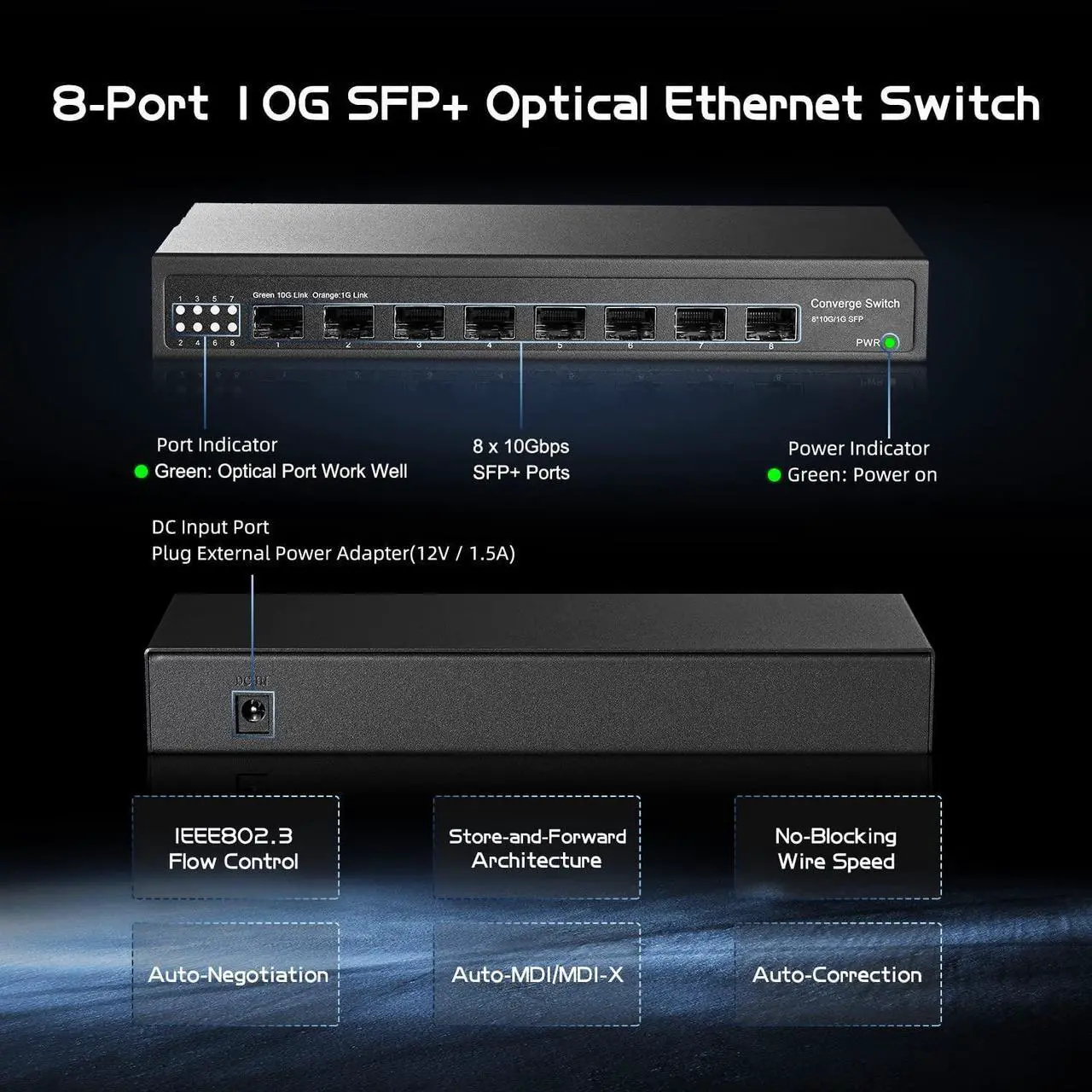 8 Port 10 Gigabit SFP Switch, Support 1G SFP and 10G SFP+ Module, 160Gbps Bandwidth, Metal ...