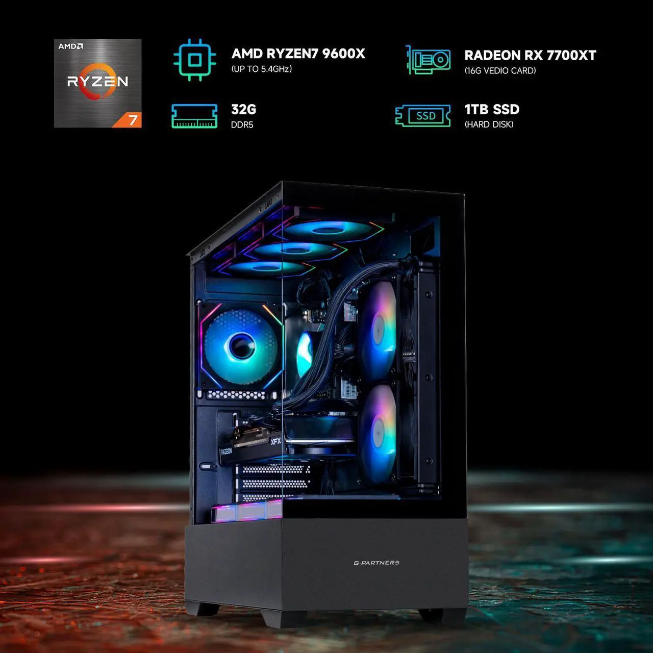 VTG Gaming PC, Ryzen 5 9600X, Radeon RX 7700 XT 12G , 32GB DDR5 1TB SSD NVMe ,850W GOLD PSU, Wi ...