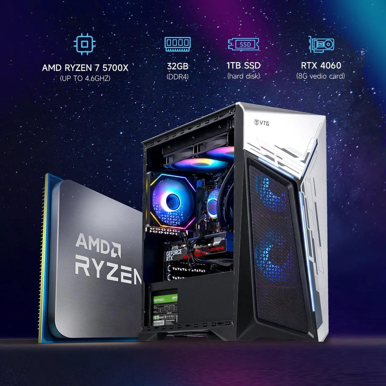 VTG Gaming PC Ryzen7 5700X , NVIDIA RTX4060 , 32GB DDR4 , 1TB SSD NVMe ...