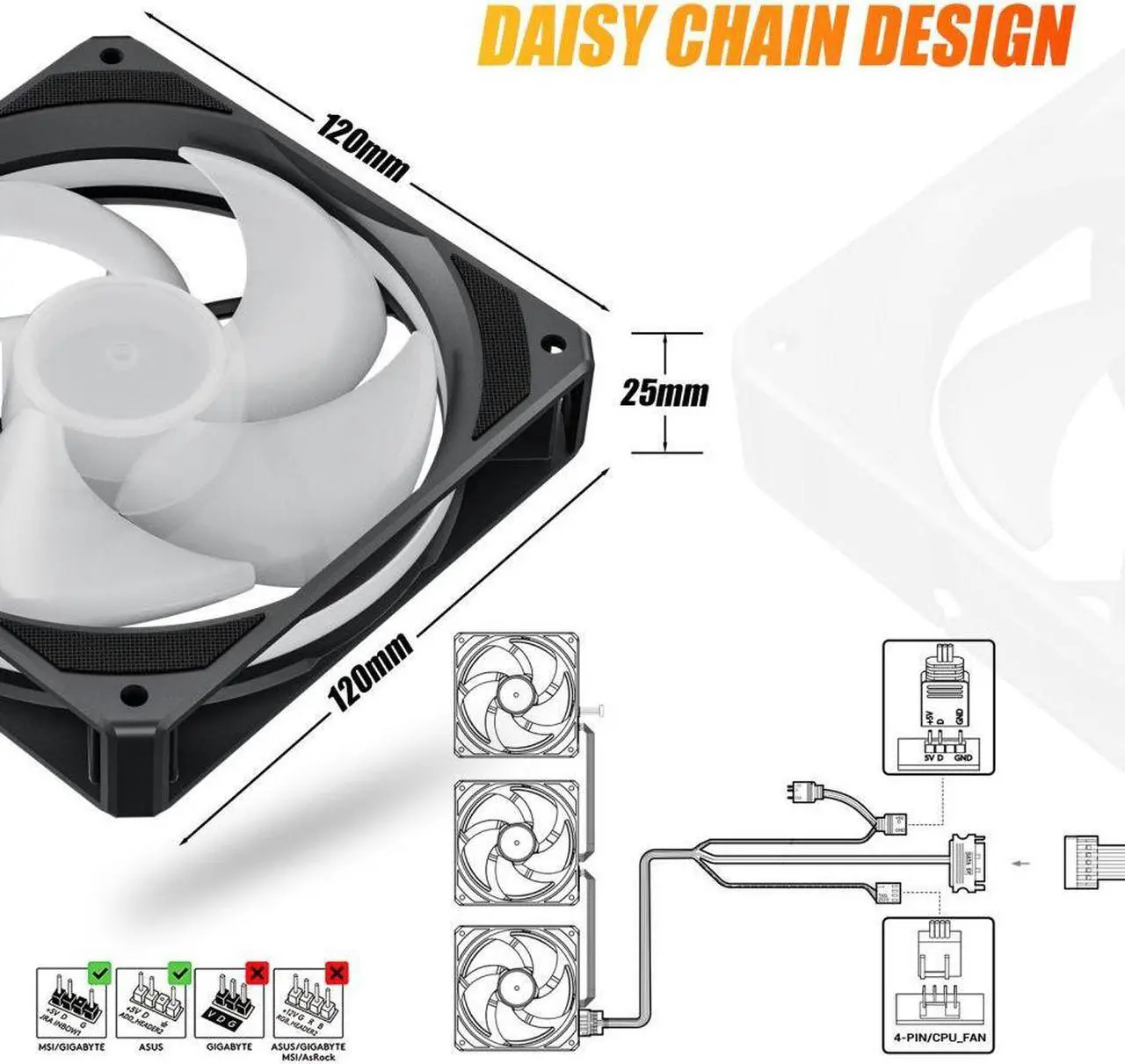 upHere U2C Case Fan 120mm Black 5V ARGB SYNC PWM Silent Computer ...