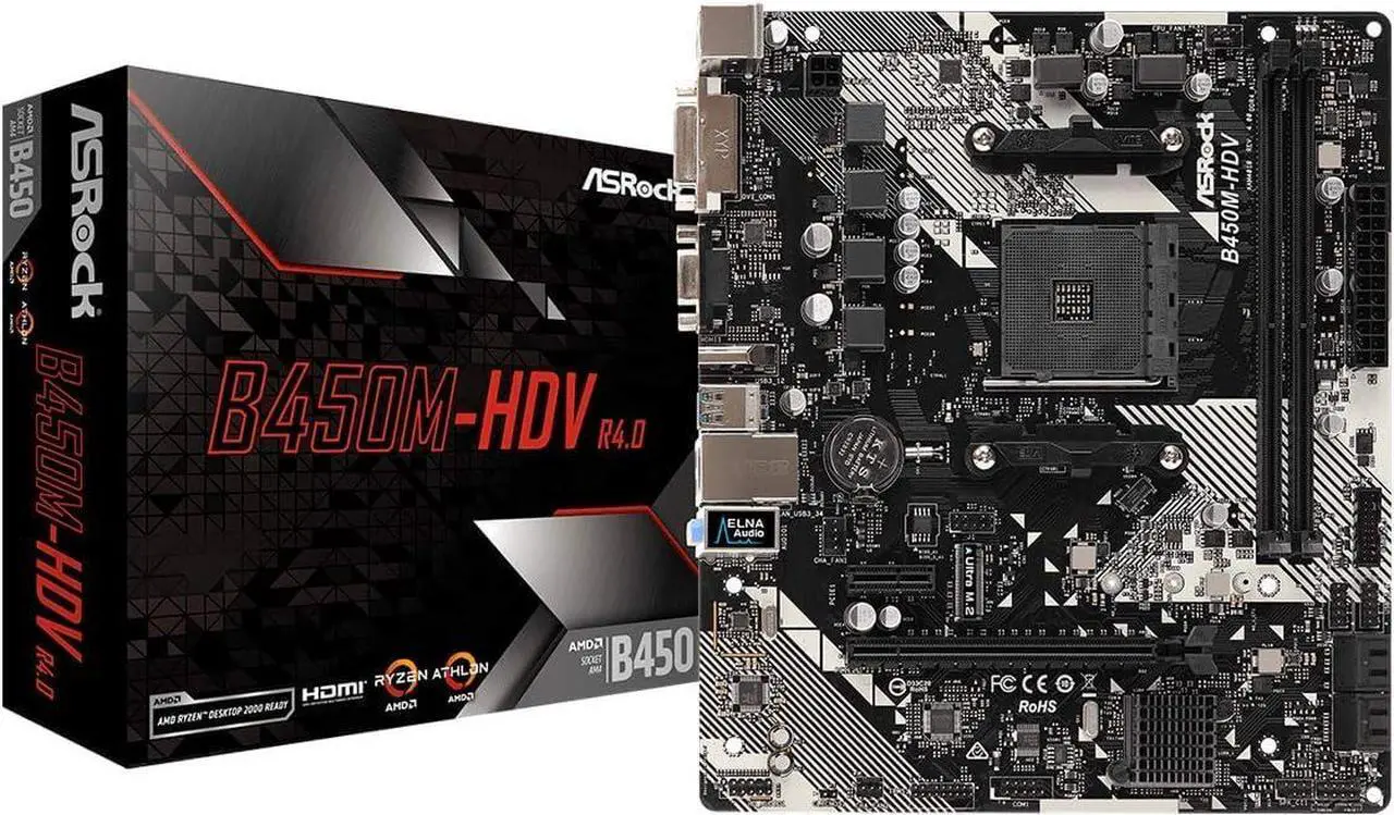 ASRock AMD B450M-HDV R4.0 AM4 Socket Ryzen DDR4 Motherboard with ASRock ...