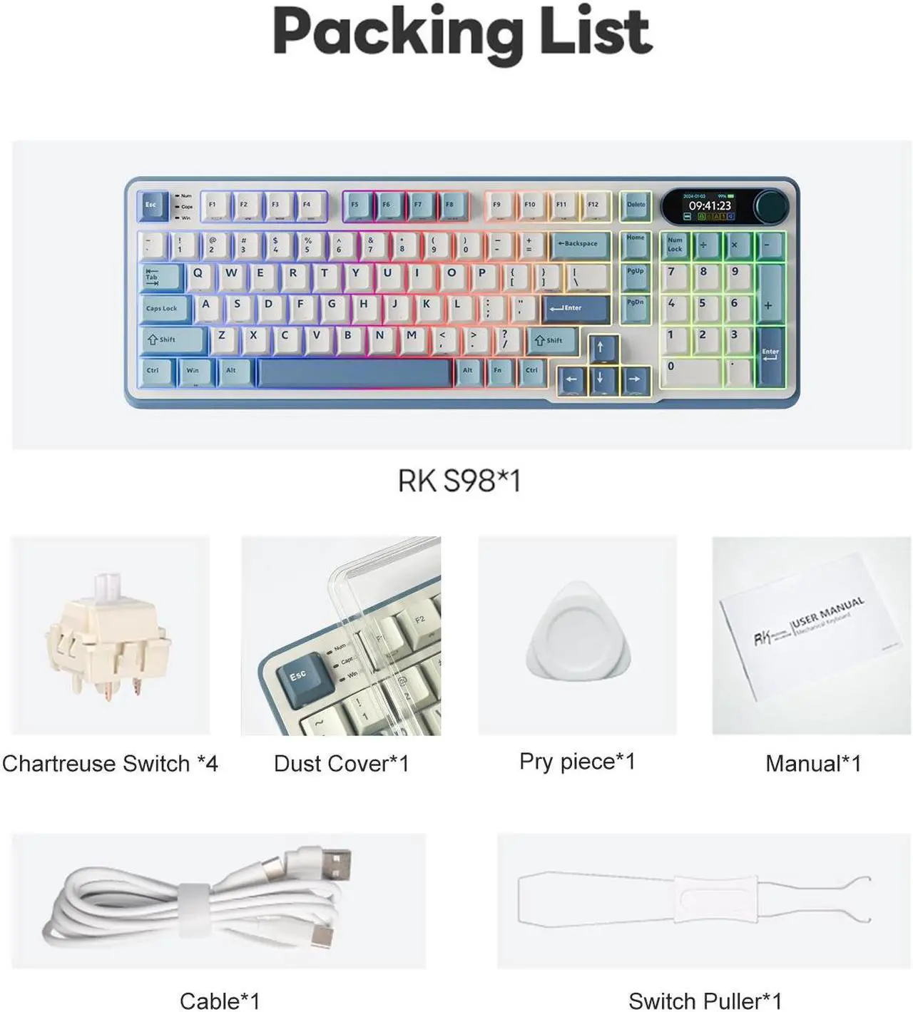 RK ROYAL KLUDGE S98 Mechanical Keyboard Smart Display & Knob Top Mount ...