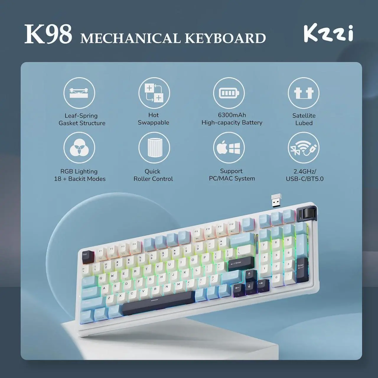 RK ROYAL KLUDGE K98 Wireless Mechanical Keyboard, Triple Mode BT/2.4G/USB-C Custom Keyboard, RGB ...